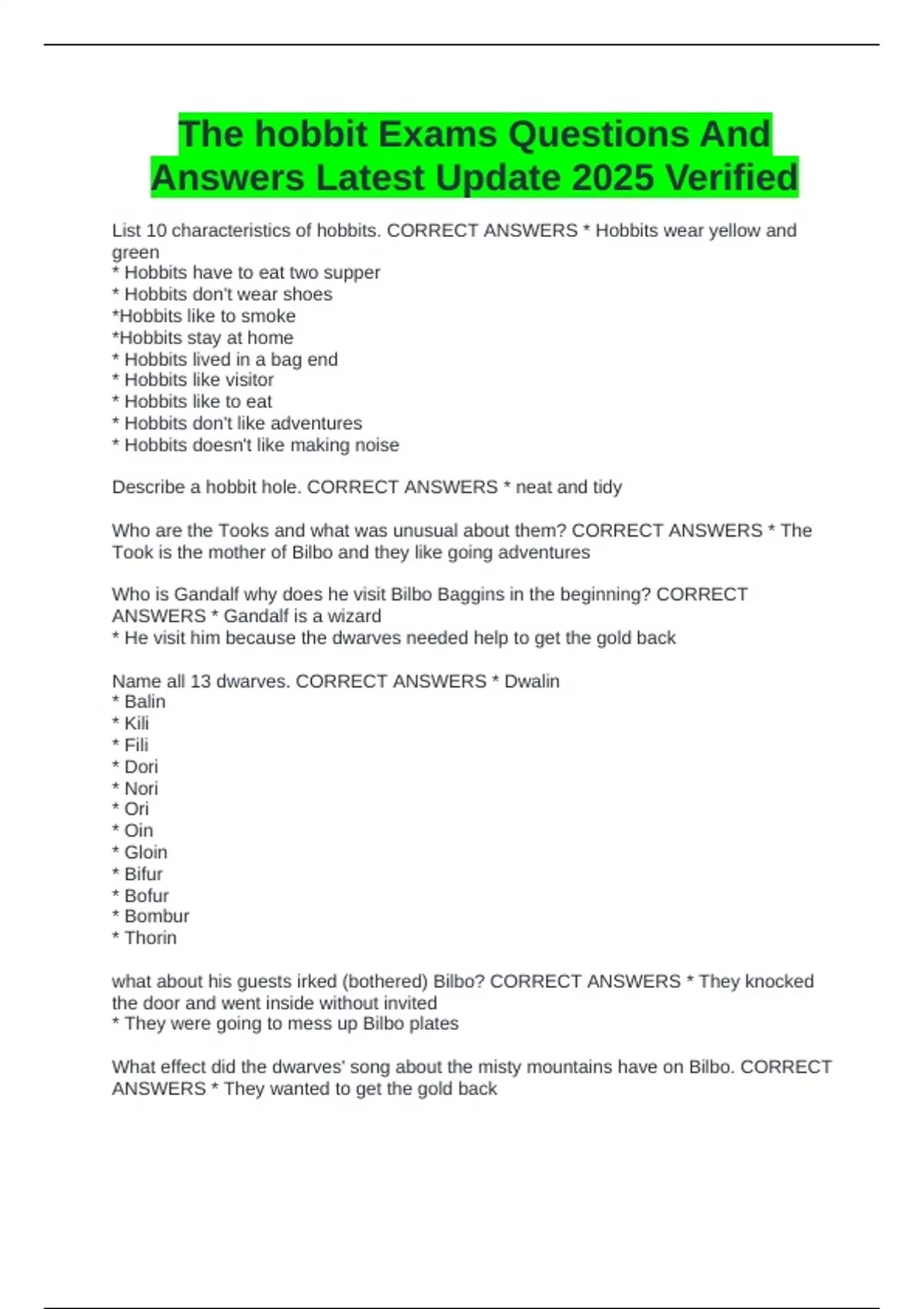 The hobbit Exams Questions And Answers Latest Update 2025 Verified ...