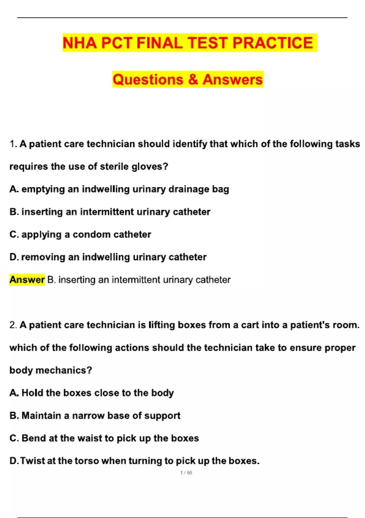 PCT NHA FINAL TEST PRACTICE (Latest 2025 / 2026 Update) Questions and ...