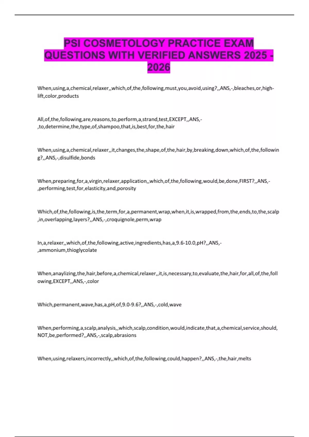 PSI COSMETOLOGY PRACTICE EXAM QUESTIONS WITH VERIFIED ANSWERS ...