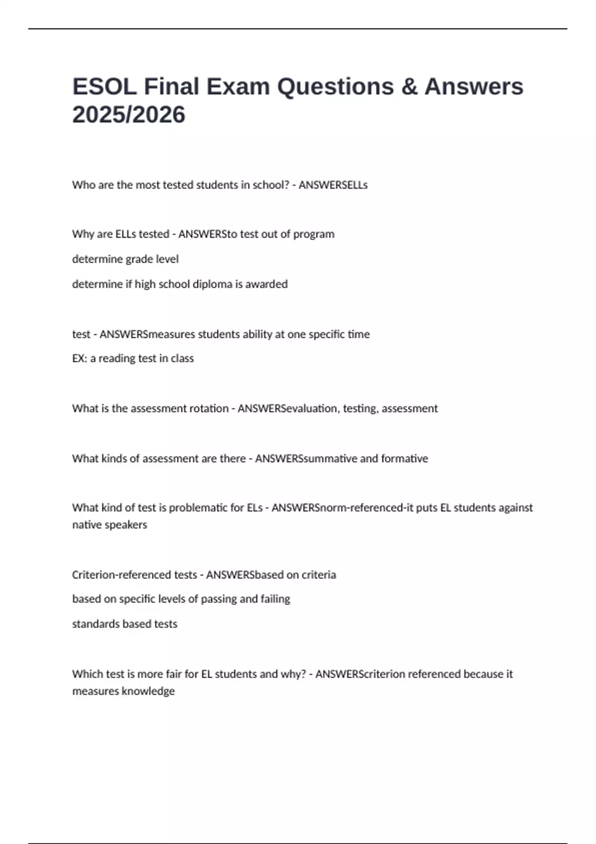 ESOL Final Exam Questions & Answers 2025/2026 - ESOL - Stuvia US