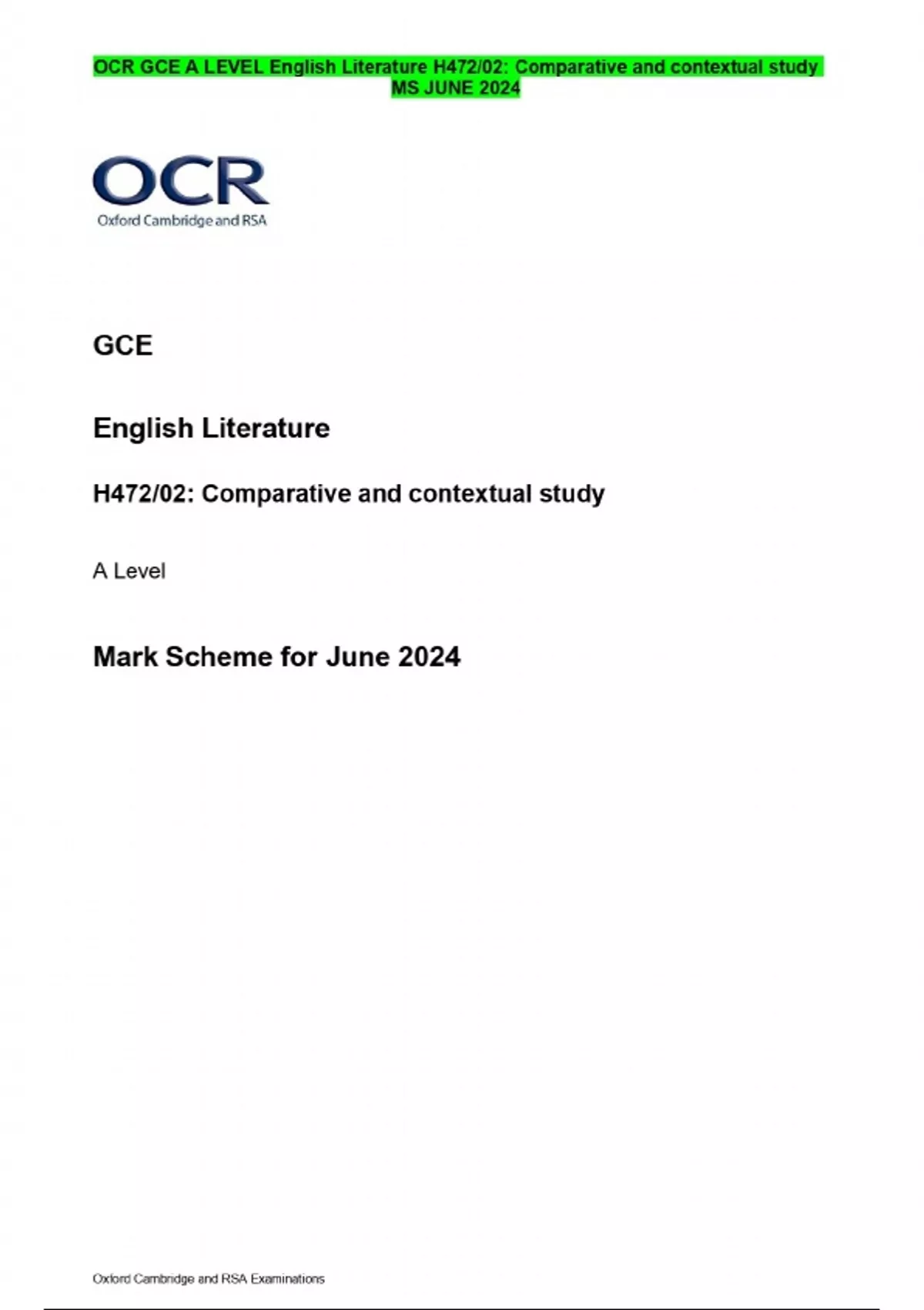 OCR GCE A LEVEL English Literature H472/02: Comparative and contextual ...