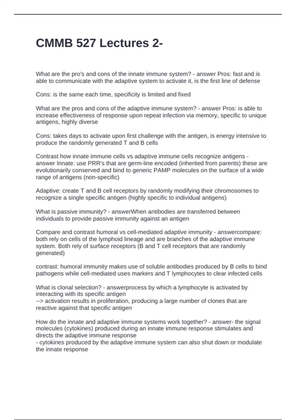 CMMB 527 Lectures 2- Questions and Answers 2025 - CMMB - Stuvia US