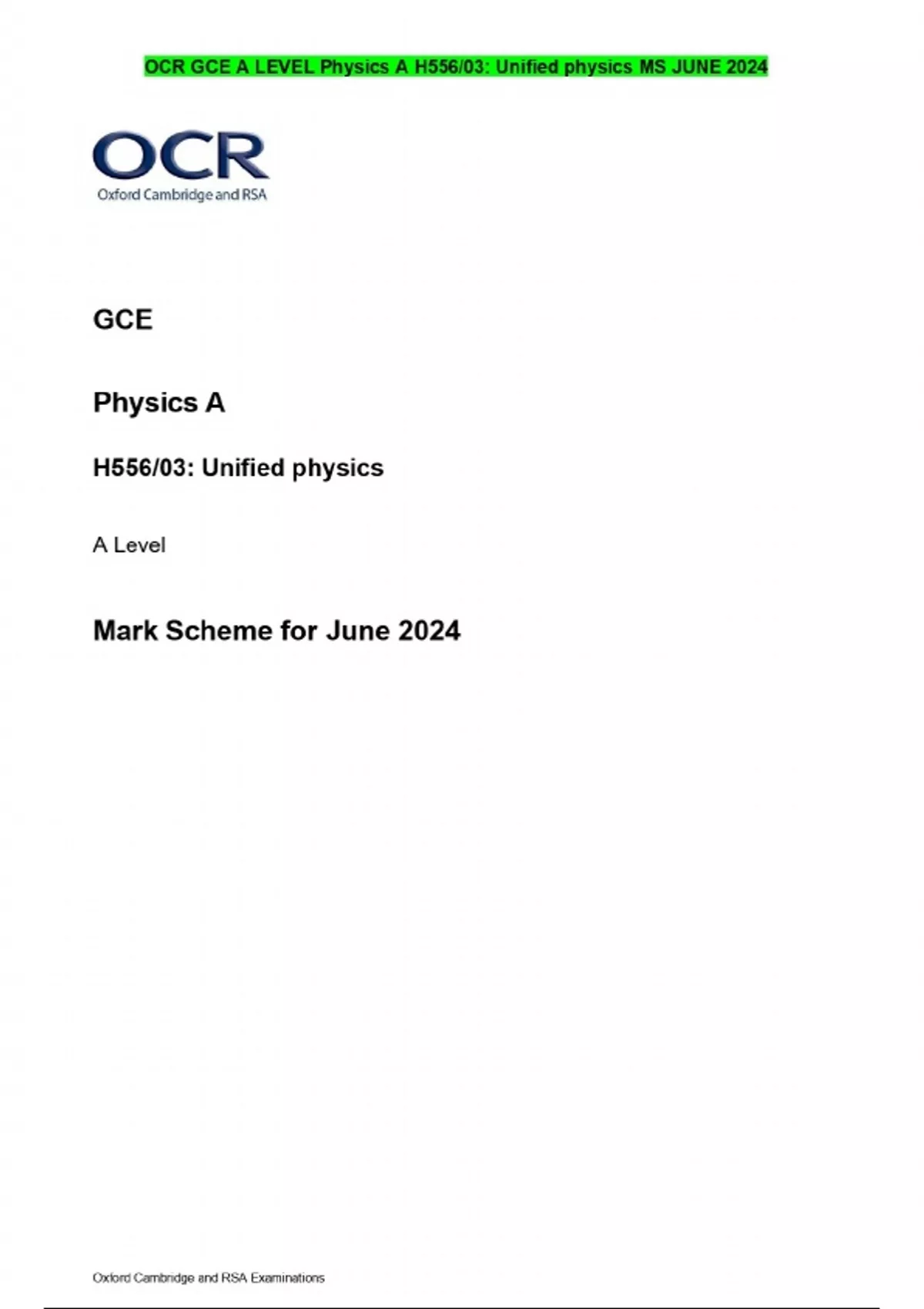 OCR GCE A LEVEL Physics A H556/03: Unified physics MS JUNE 2024 - Ocr ...
