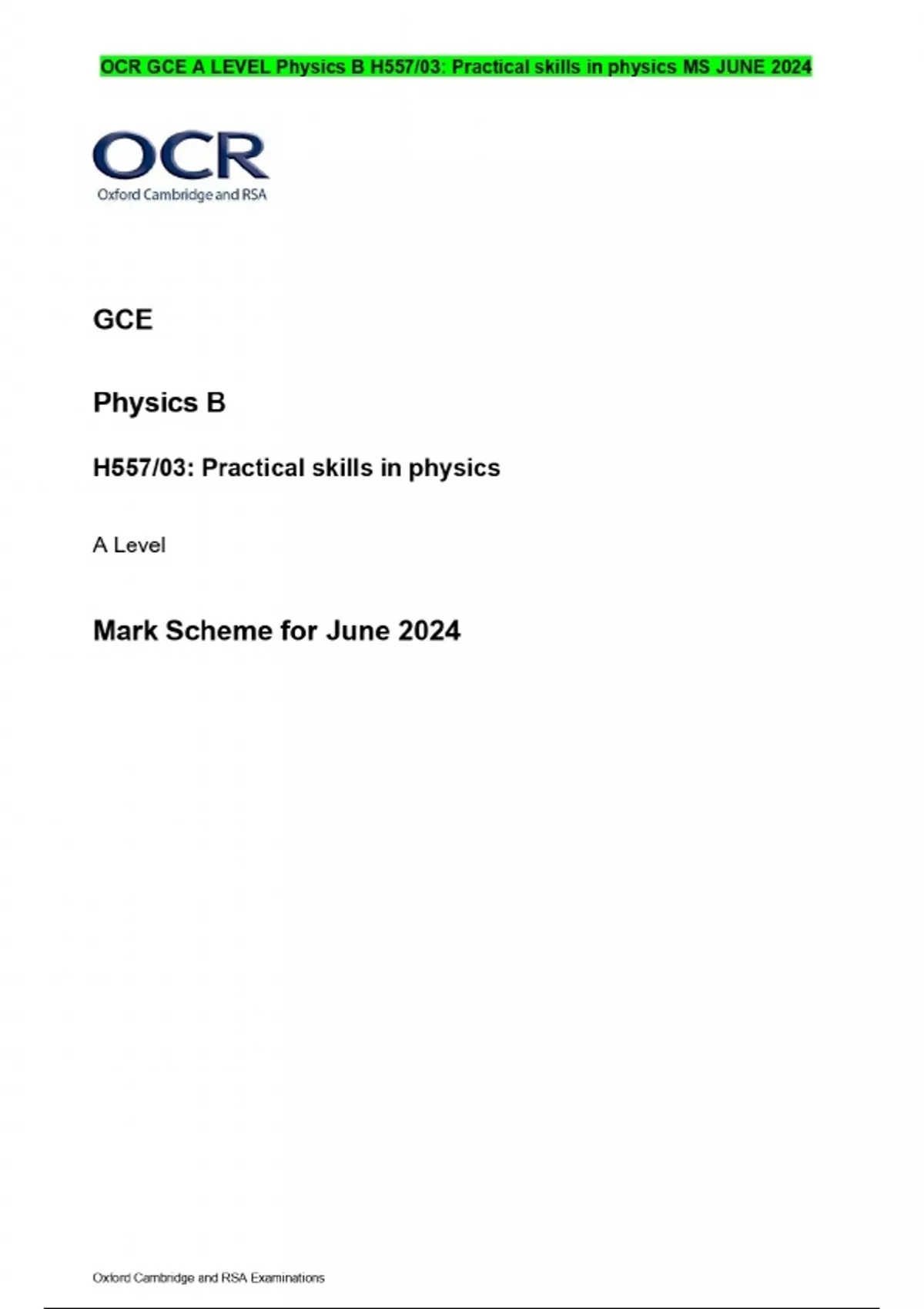 OCR GCE A LEVEL Physics B H557/03: Practical skills in physics MS JUNE ...