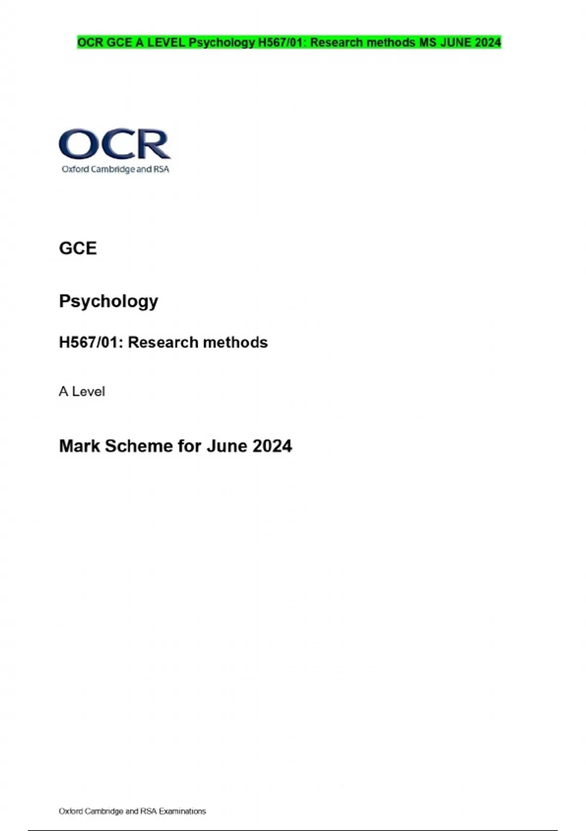 OCR GCE A LEVEL Psychology H567/01: Research methods MS JUNE 2024 - Ocr ...