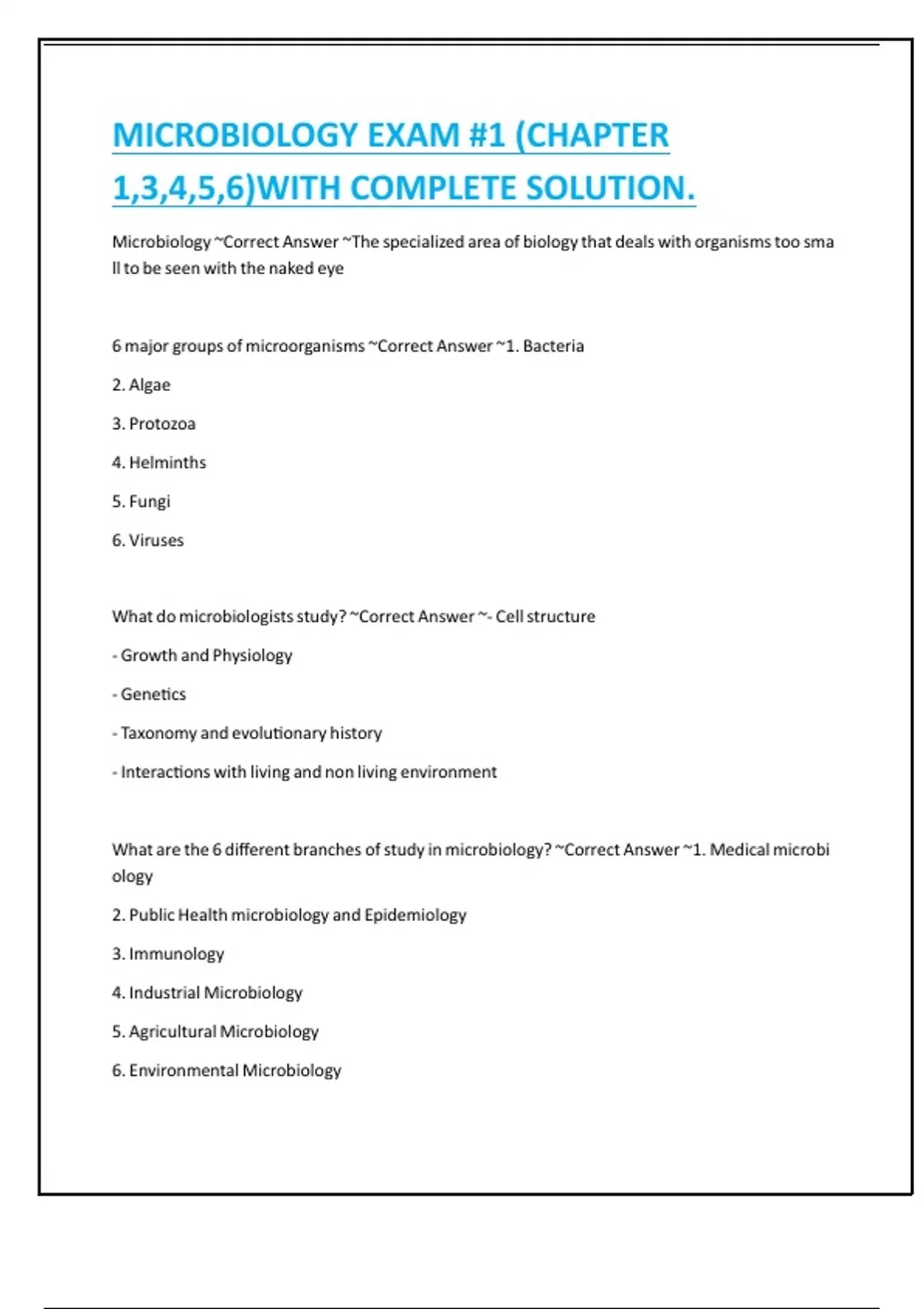 MICROBIOLOGY EXAM #1 (CHAPTER 1,3,4,5,6)WITH COMPLETE SOLUTION ...