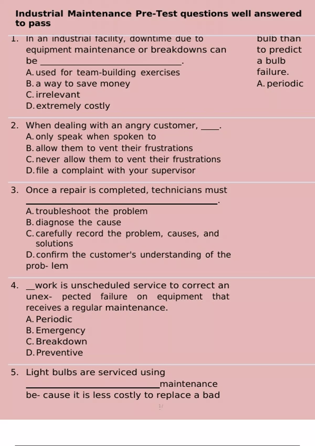 Industrial Maintenance Pre-Test questions well answered to pass ...