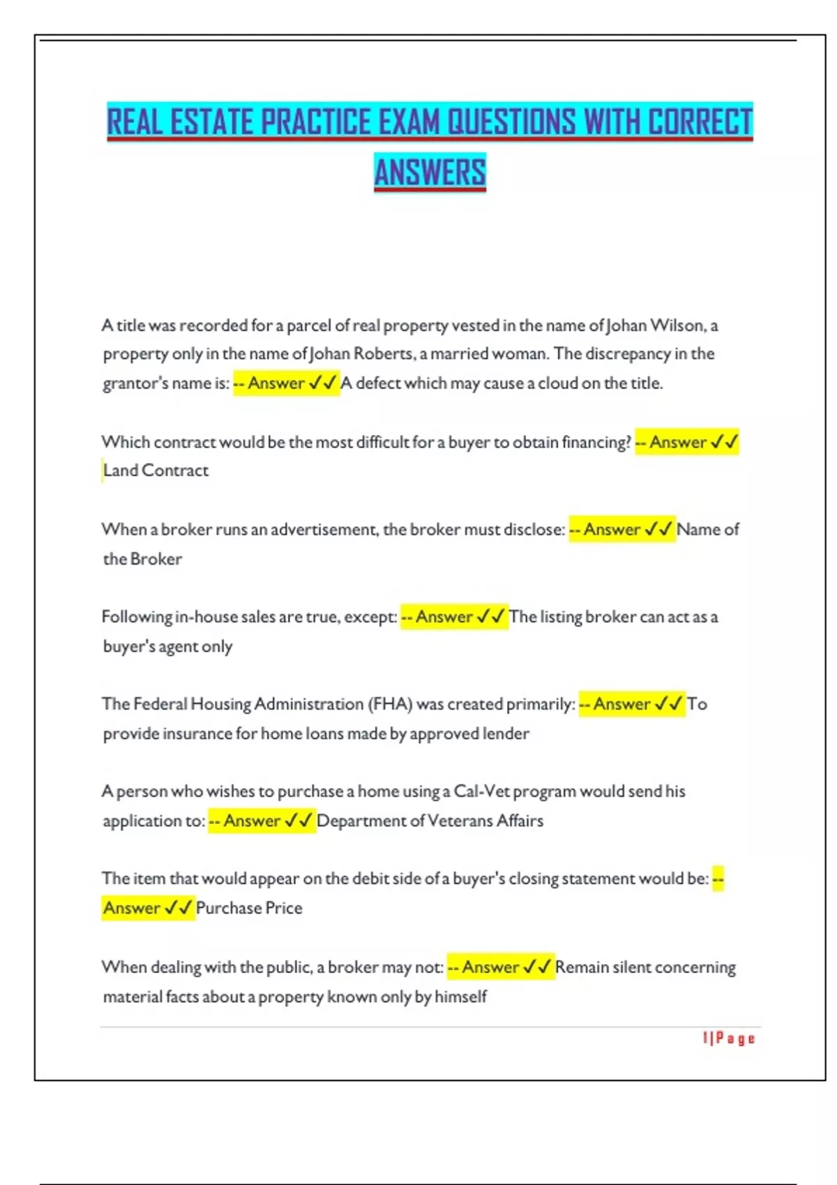 REAL ESTATE PRACTICE EXAM QUESTIONS WITH CORRECT ANSWERS - Real Estate ...