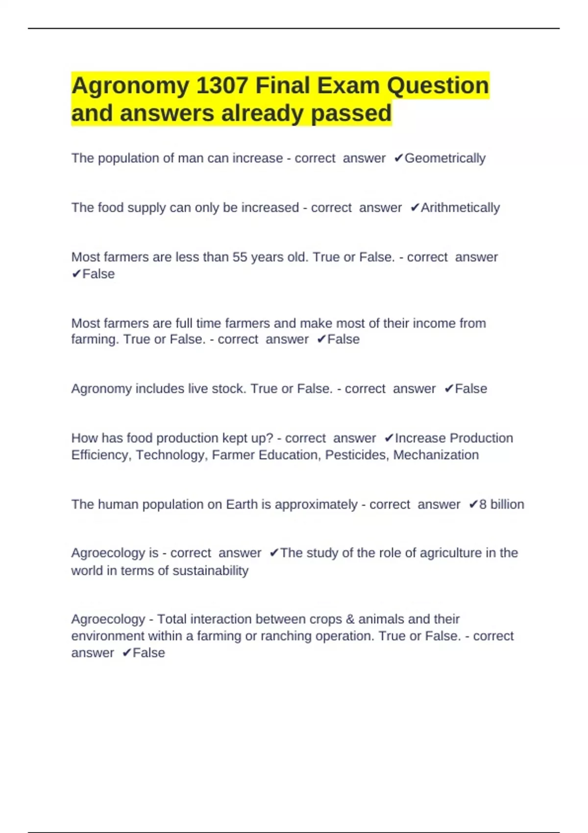 Agronomy 1307 Final Exam Question and answers already passed - Agronomy - Stuvia US