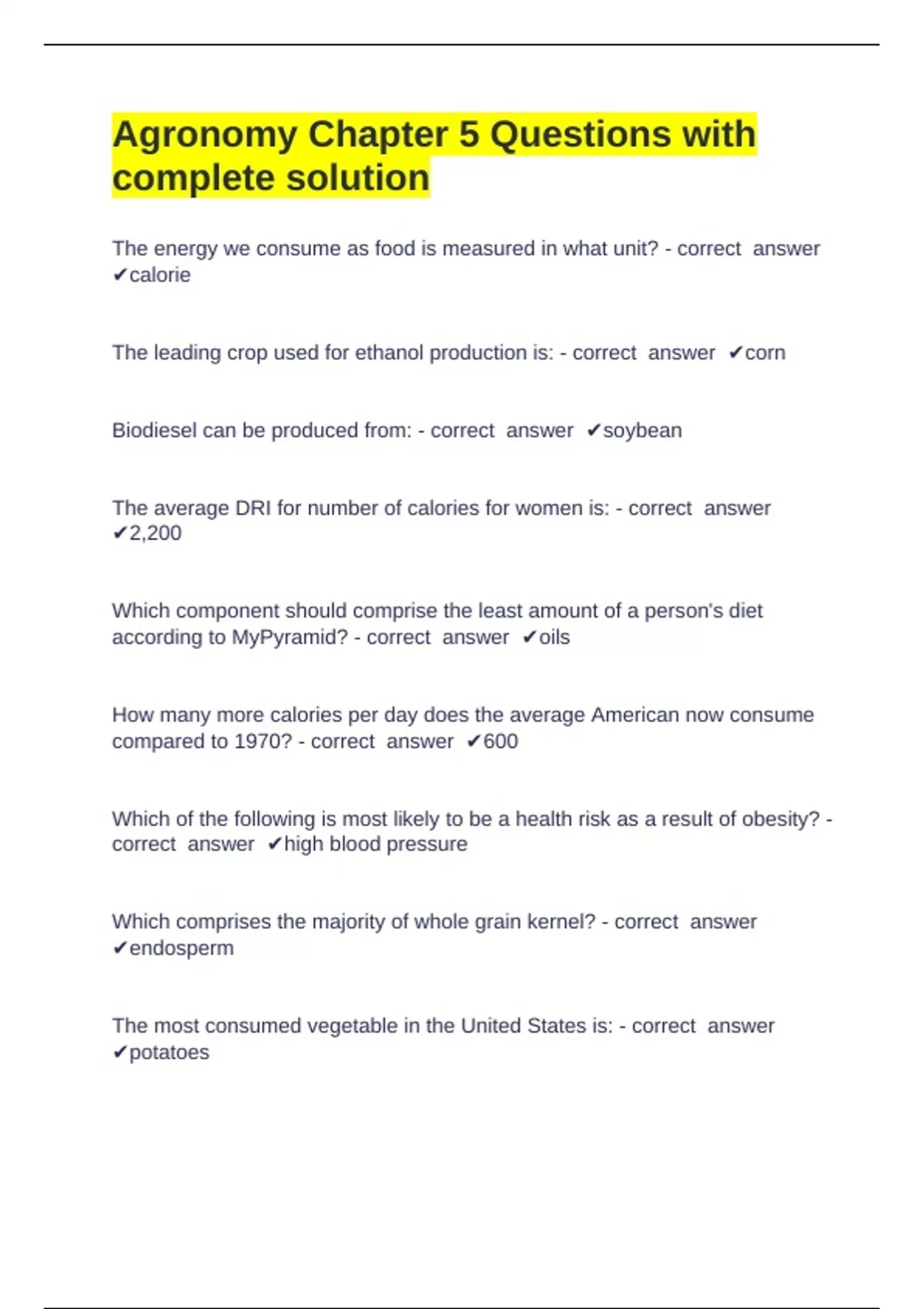 Agronomy Chapter 5 Questions with complete solution - Agronomy - Stuvia US