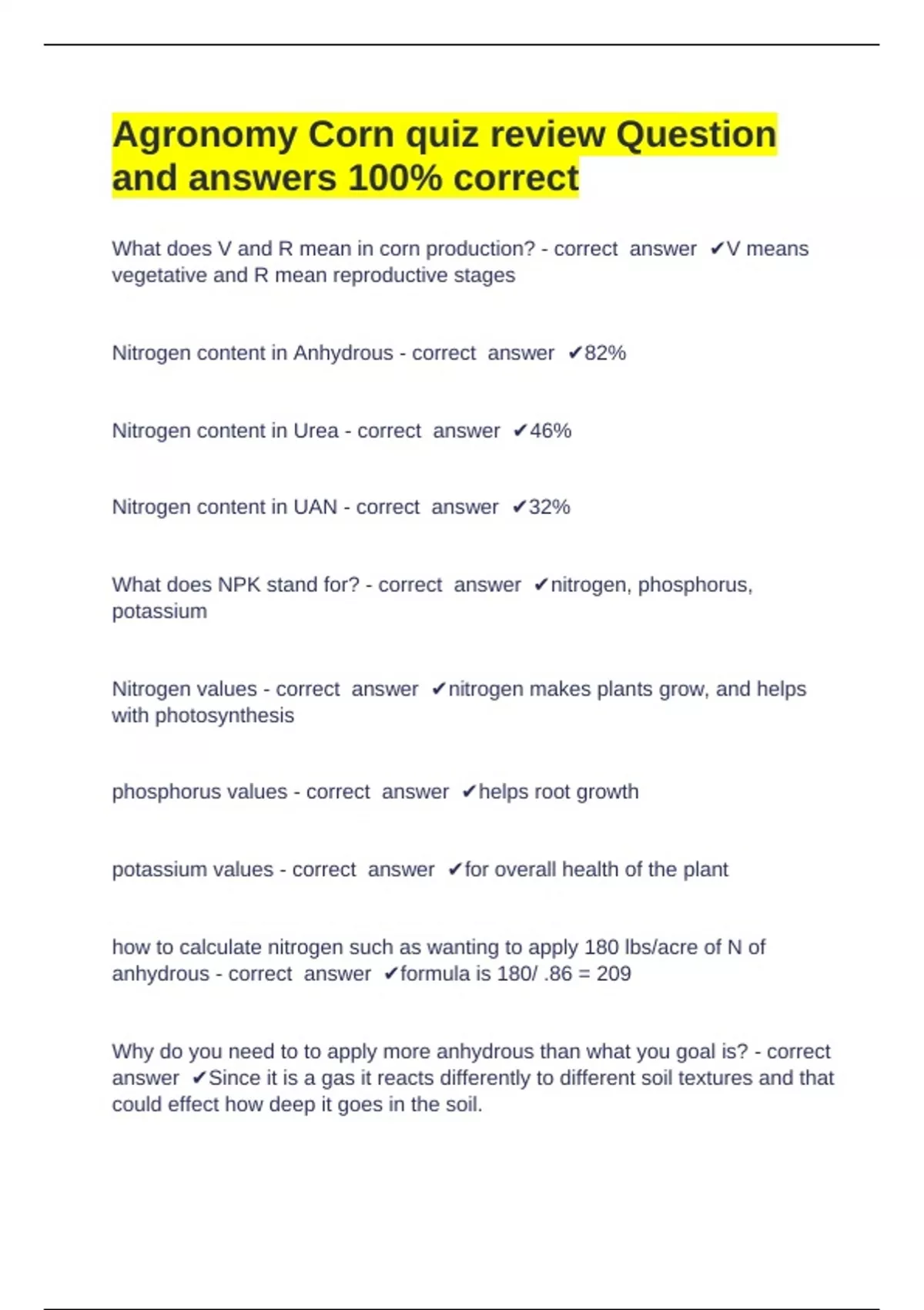 Agronomy Corn quiz review Question and answers 100% correct - Agronomy ...
