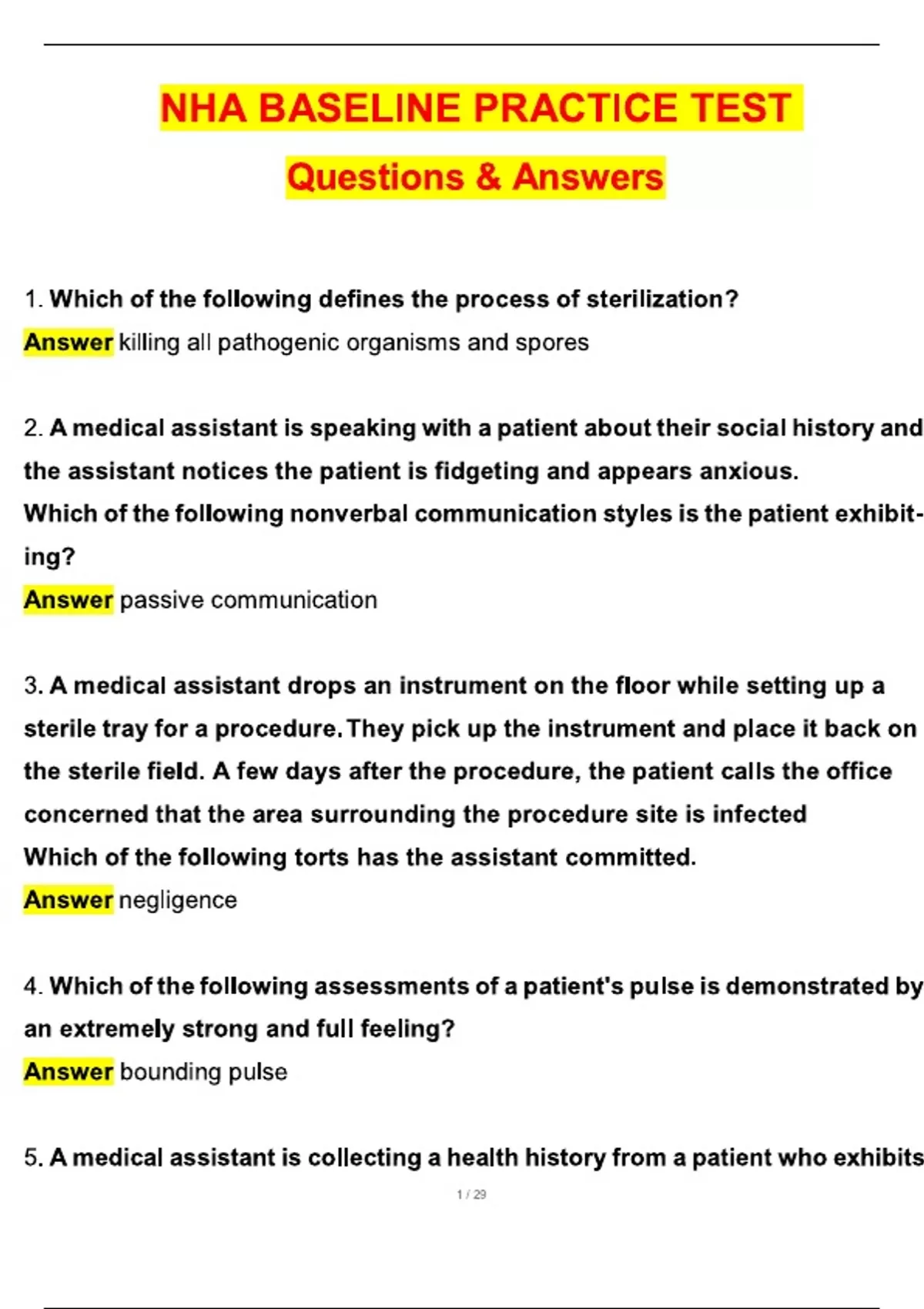 NHA Baseline Practice Test (Latest 2025 / 2026 Update) Questions and ...
