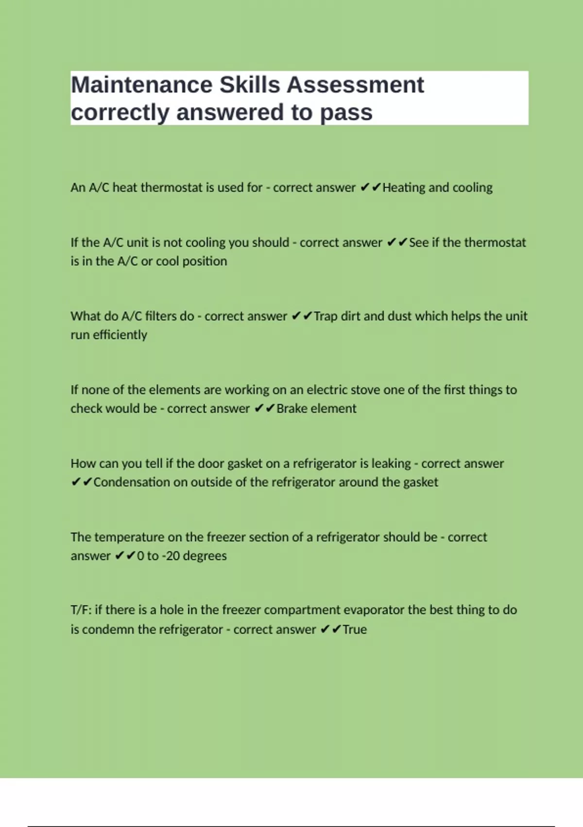 Maintenance Skills Assessment correctly answered to pass - Maintenance ...