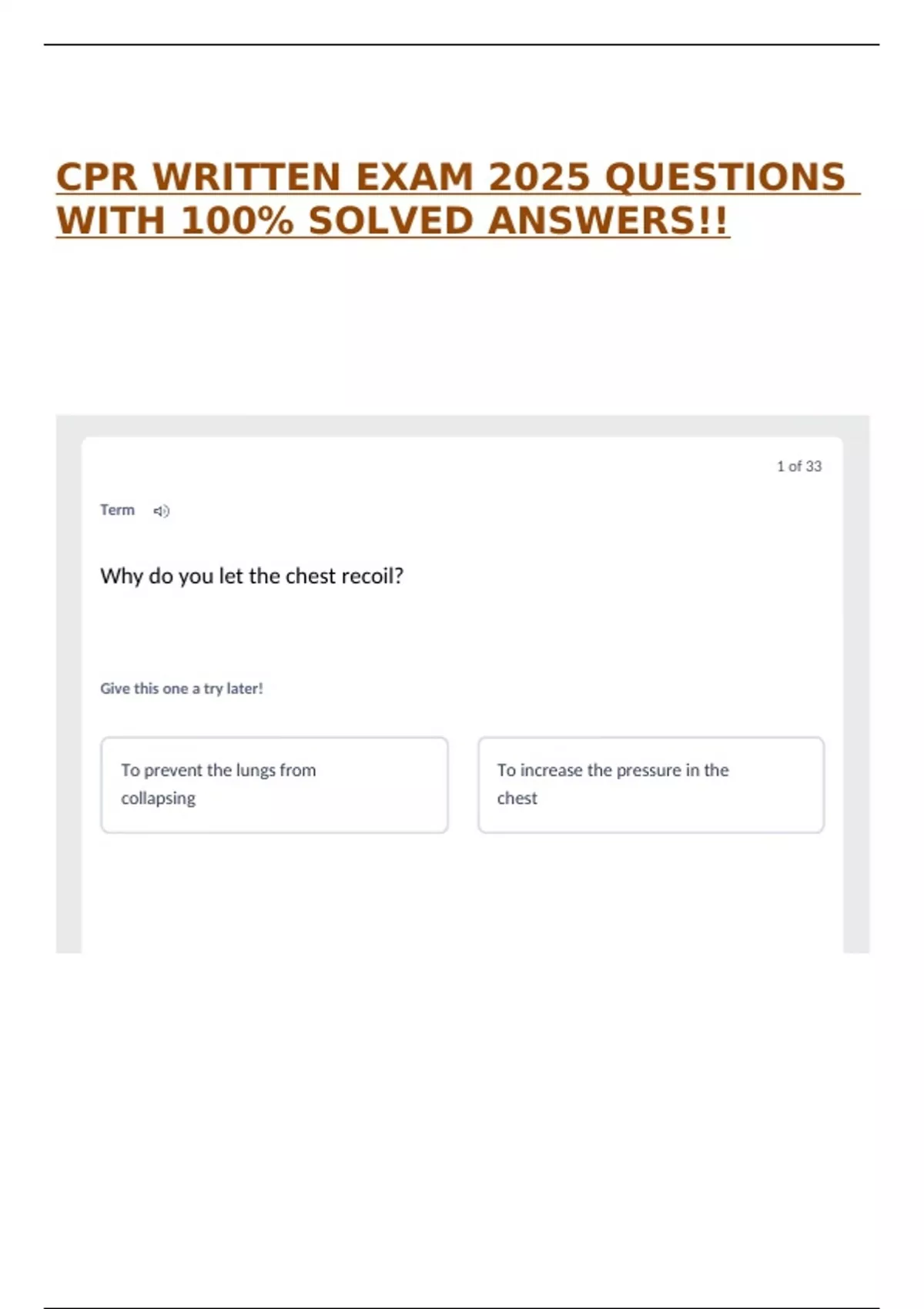 CPR WRITTEN EXAM 2025 QUESTIONS WITH 100% SOLVED ANSWERS!! - Cpr ...
