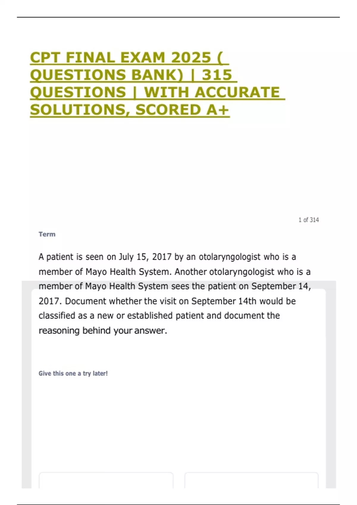 (UPDATED) CPT FINAL EXAM 2025 ( QUESTIONS BANK) | 315 QUESTIONS | WITH ...