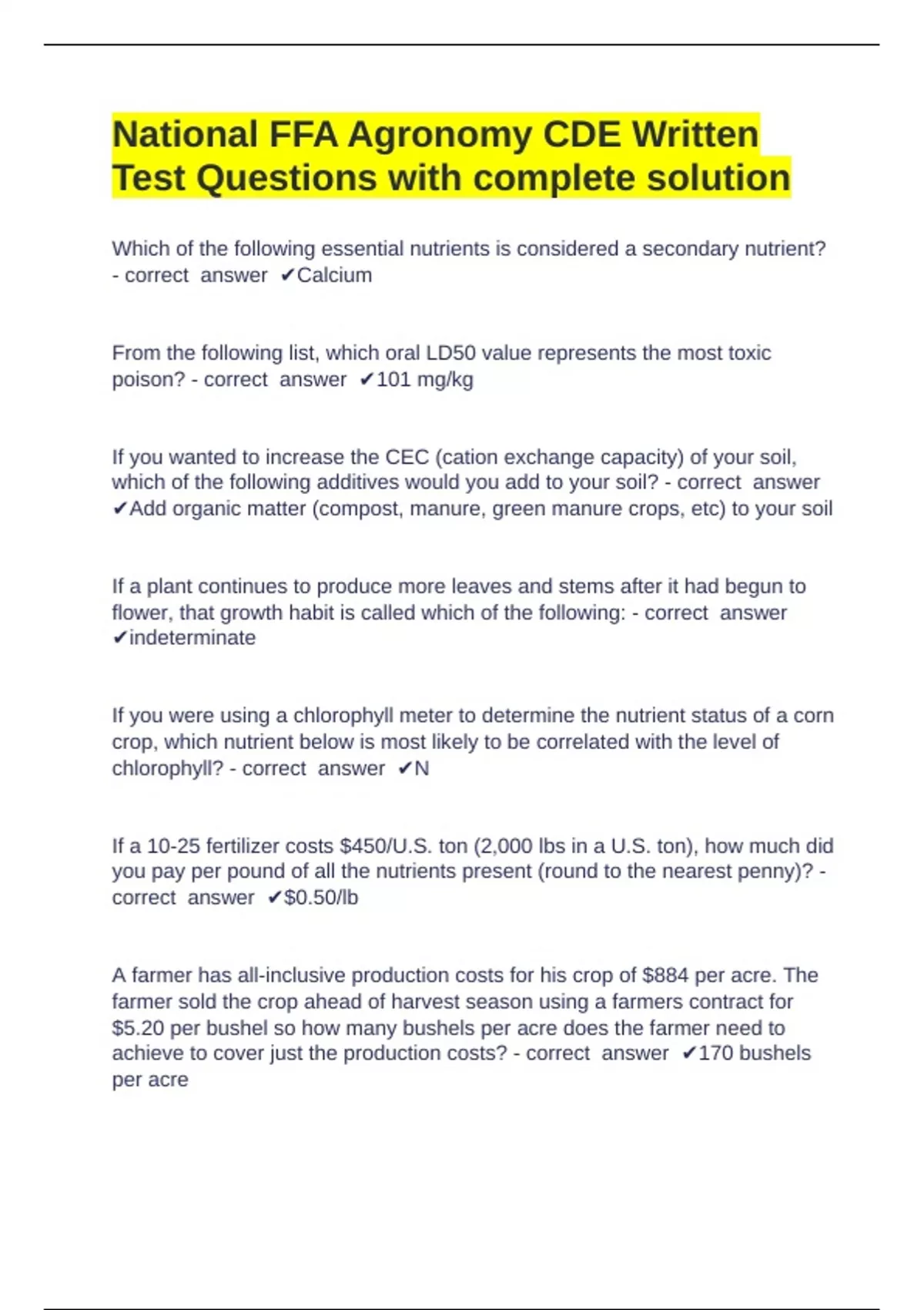 National FFA Agronomy CDE Written Test Questions with complete solution ...