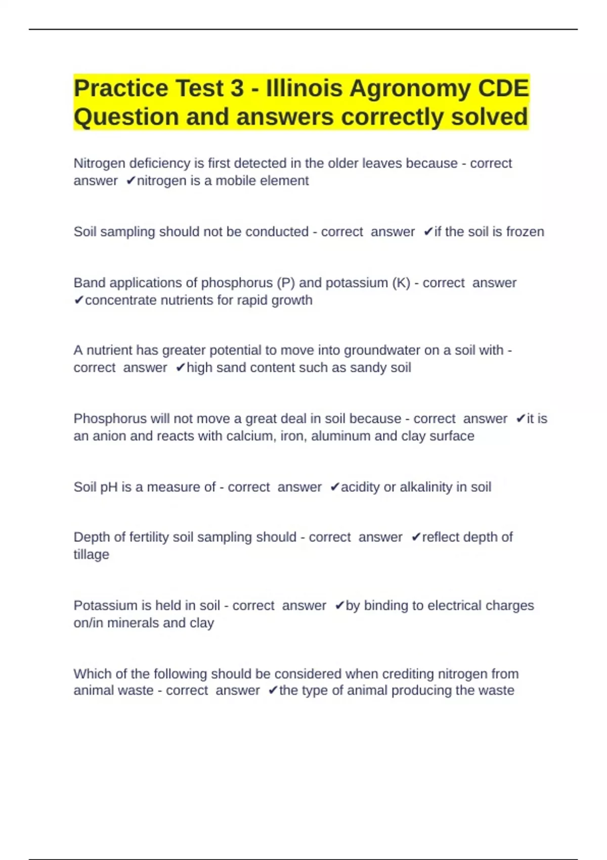 Practice Test 3 - Illinois Agronomy CDE Question and answers correctly ...