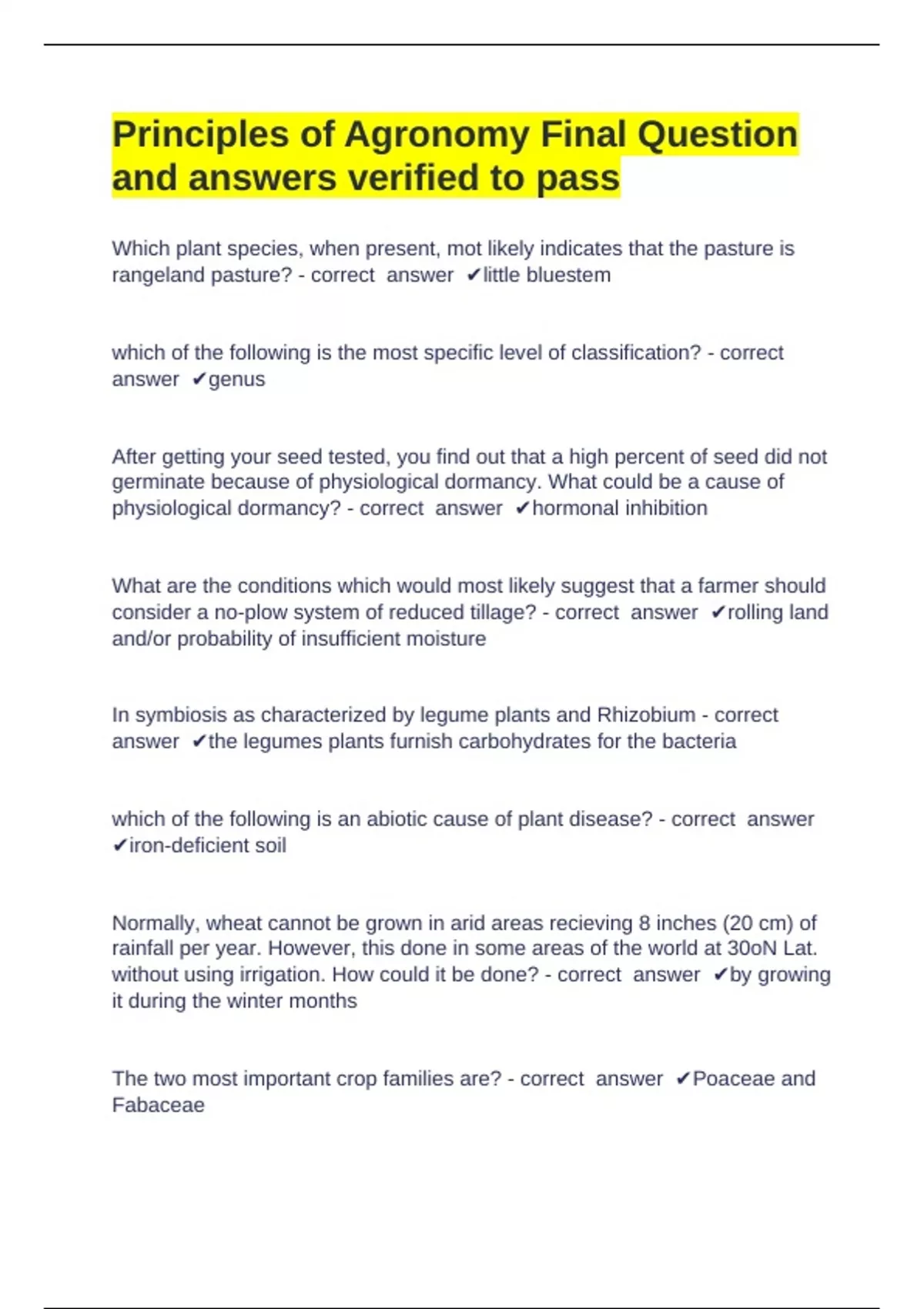 Principles of Agronomy Final Question and answers verified to pass ...