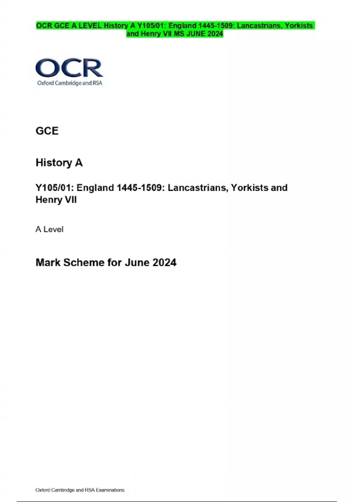 OCR GCE A LEVEL History A Y105/01: England : Lancastrians, Yorkists and ...