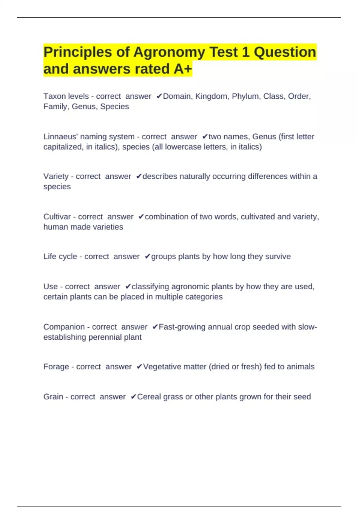 Principles of Agronomy Test 1 Question and answers rated A+ - Agronomy ...