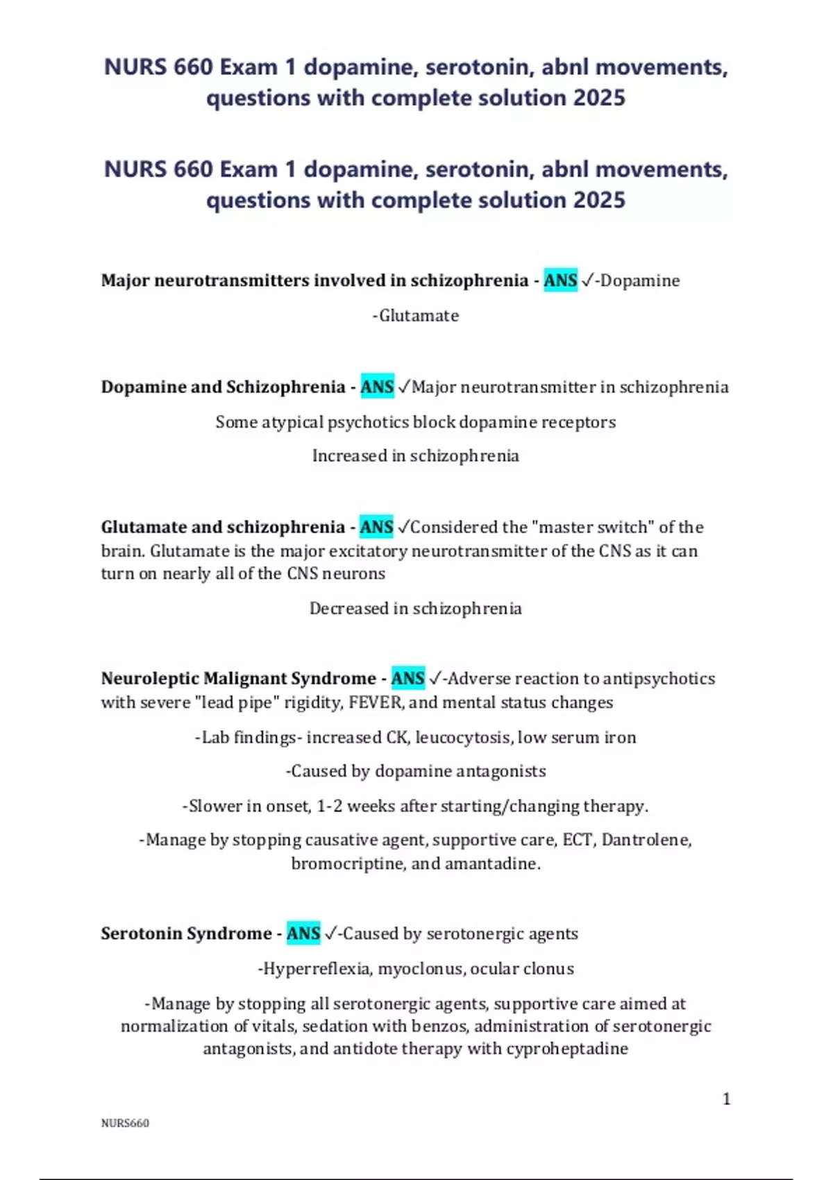 NURS 660 Exam 1 dopamine, serotonin, abnl movements, questions with ...