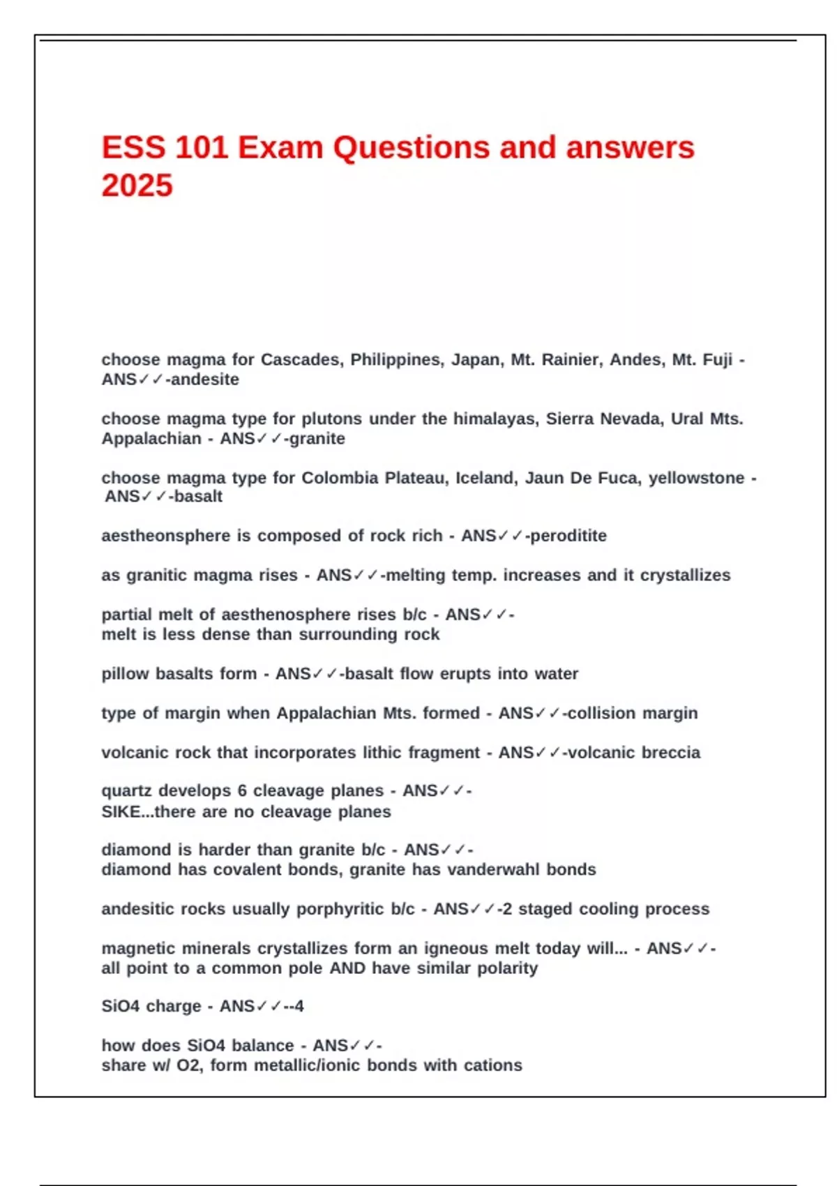 ESS 101 Exam Questions and answers 2025. - ESS 101 - Stuvia US