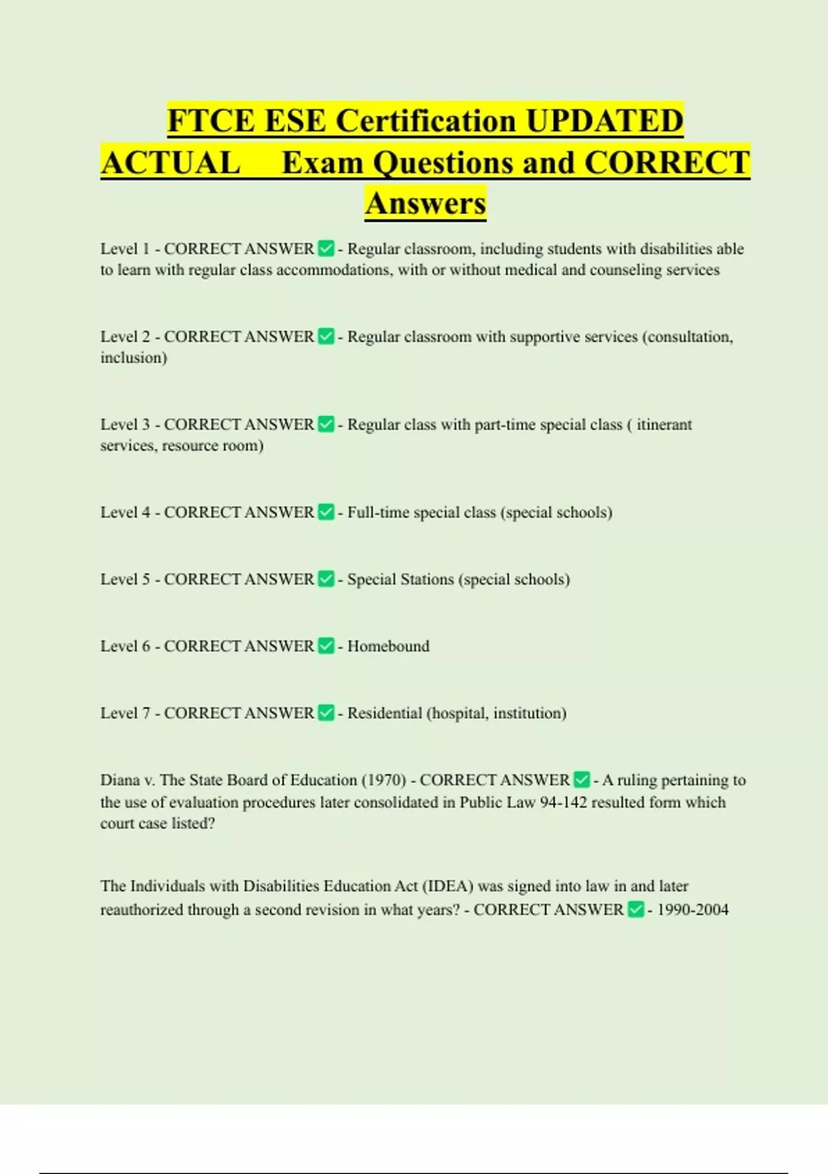 FTCE ESE Certification UPDATED ACTUAL Exam Questions and CORRECT ...