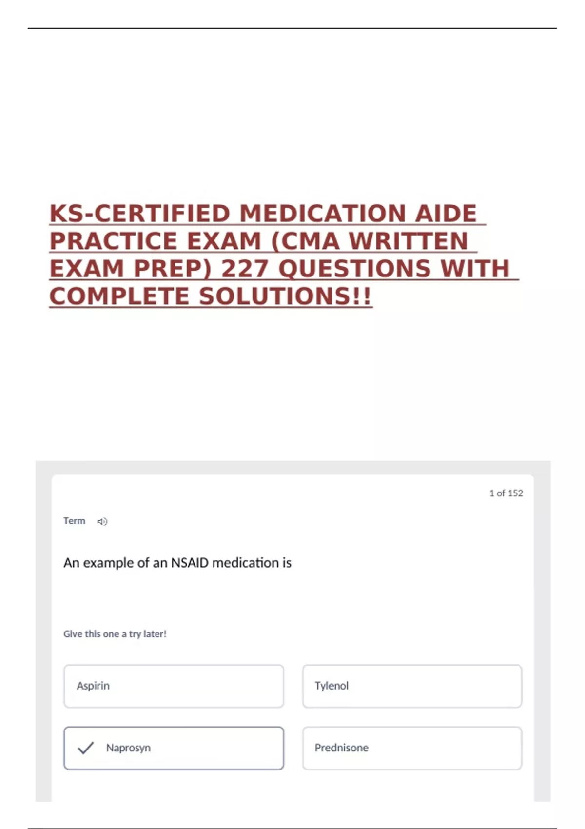 KS-CERTIFIED MEDICATION AIDE PRACTICE EXAM (CMA WRITTEN EXAM PREP) 227 QUESTIONS WITH COMPLETE ...