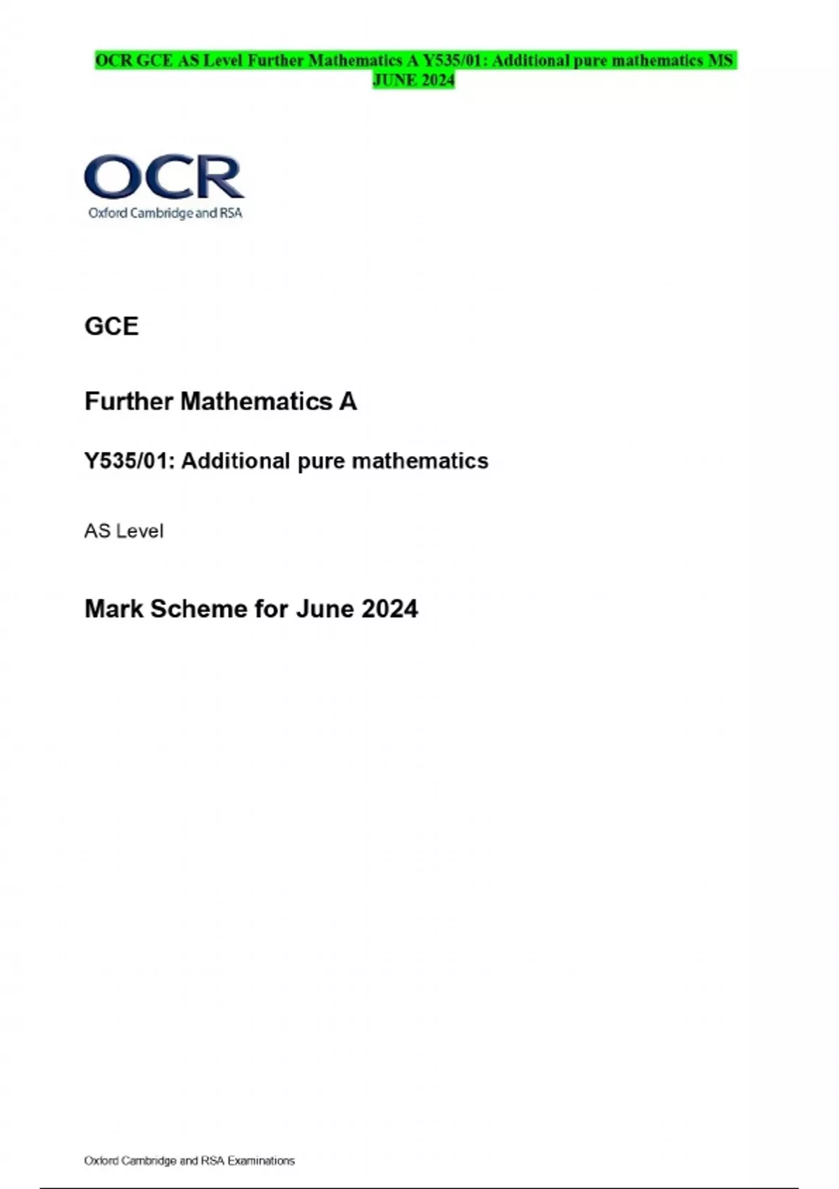 OCR GCE AS Level Further Mathematics A Y535/01: Additional pure ...