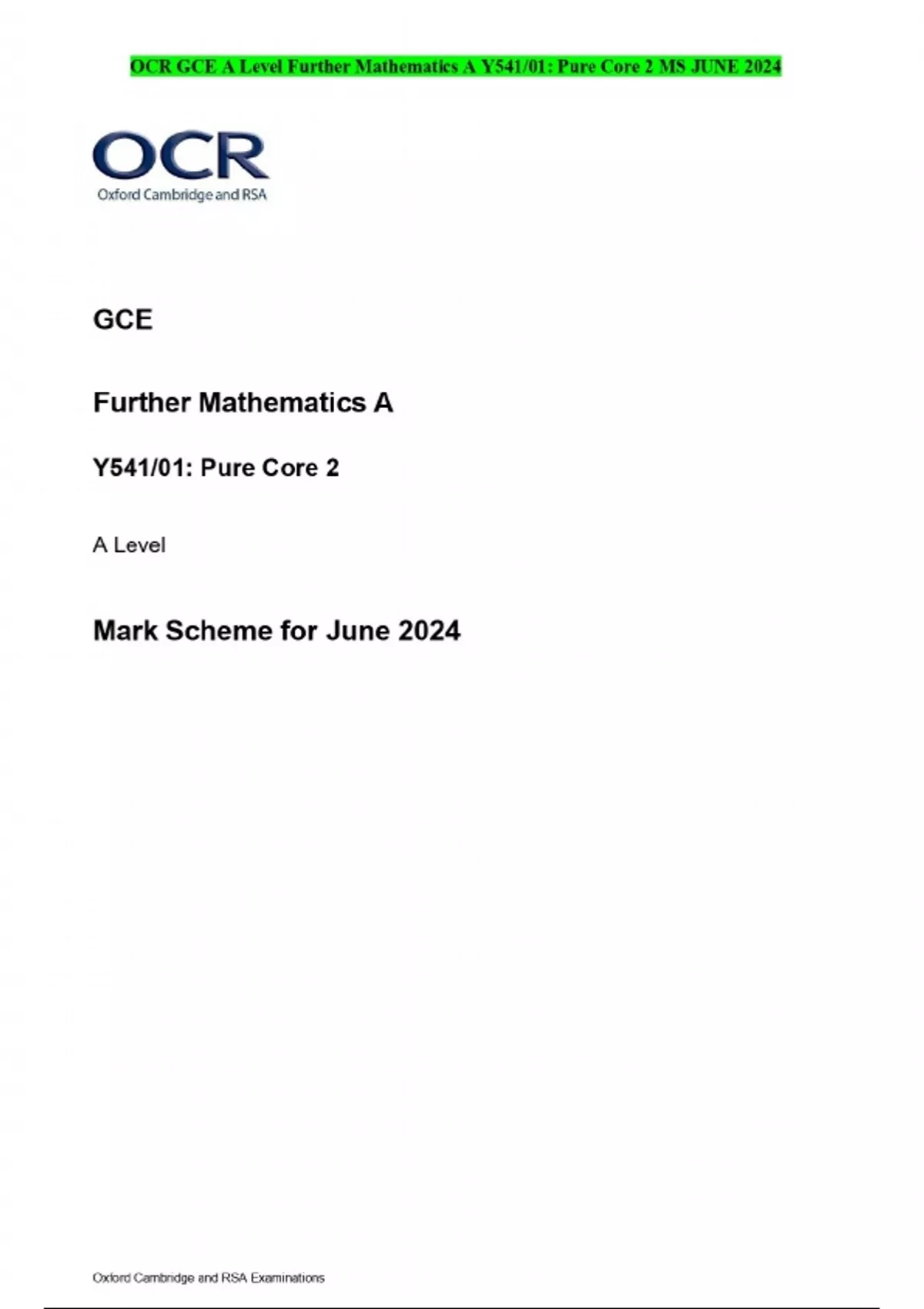 Oxford Cambridge and RSA Examinations OCR GCE A Level Further ...