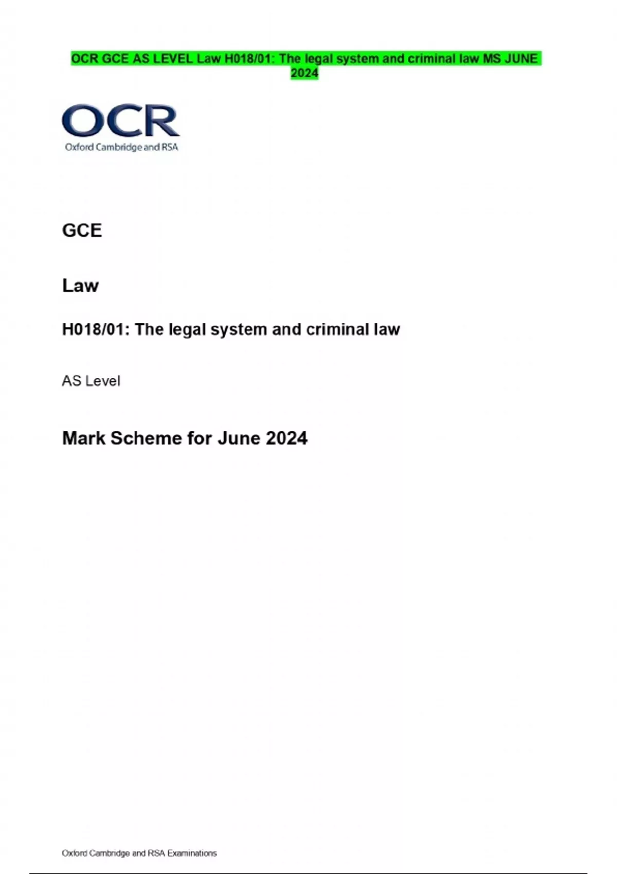 OCR GCE AS LEVEL Law H018/01: The legal system and criminal law MS JUNE ...