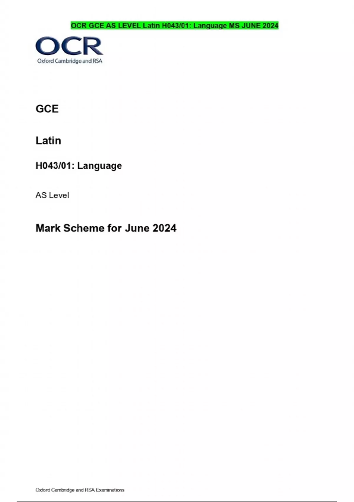 Oxford Cambridge and RSA Examinations OCR GCE AS LEVEL Latin H043/01 ...