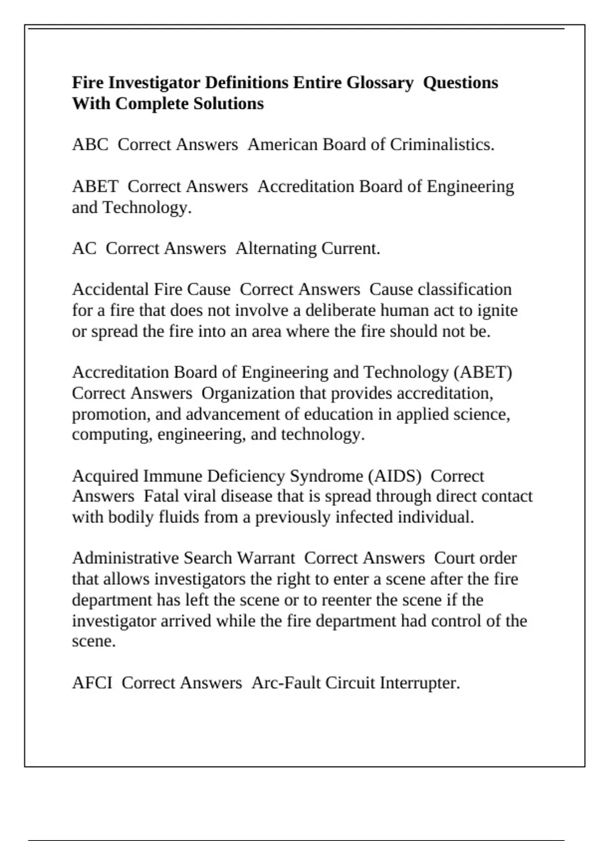 Fire Investigator Definitions Entire Glossary Questions With Complete ...