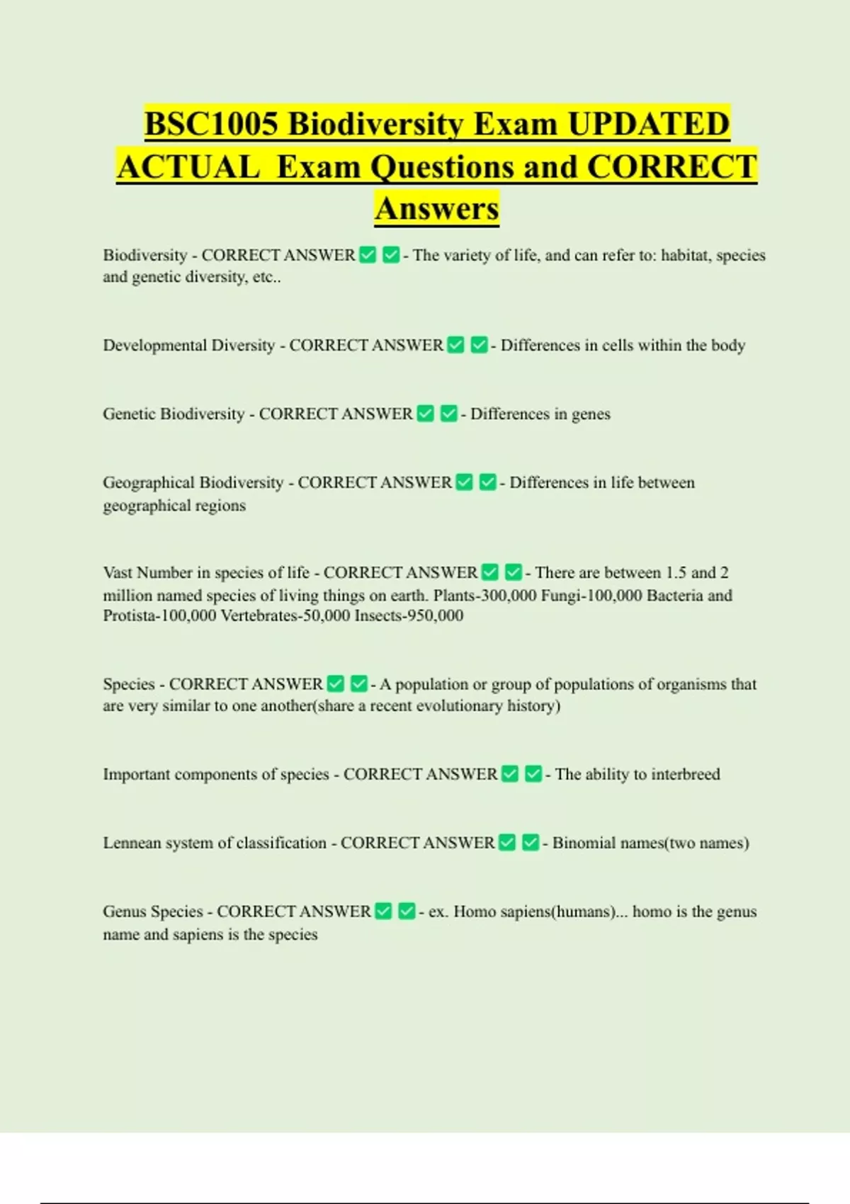 BSC1005 Biodiversity Exam UPDATED ACTUAL Exam Questions and CORRECT ...
