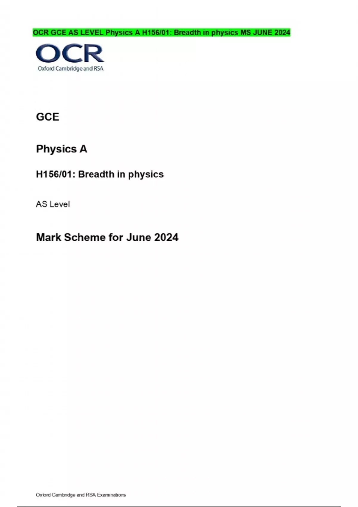 OCR GCE AS LEVEL Physics A H156/01: Breadth in physics MS JUNE 2024 ...