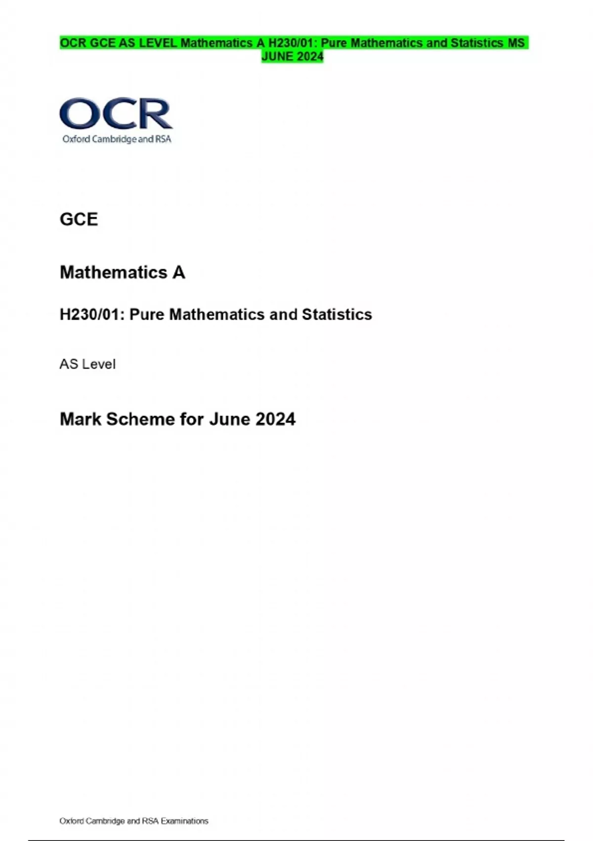 OCR GCE AS LEVEL Mathematics A H230/01: Pure Mathematics and Statistics ...