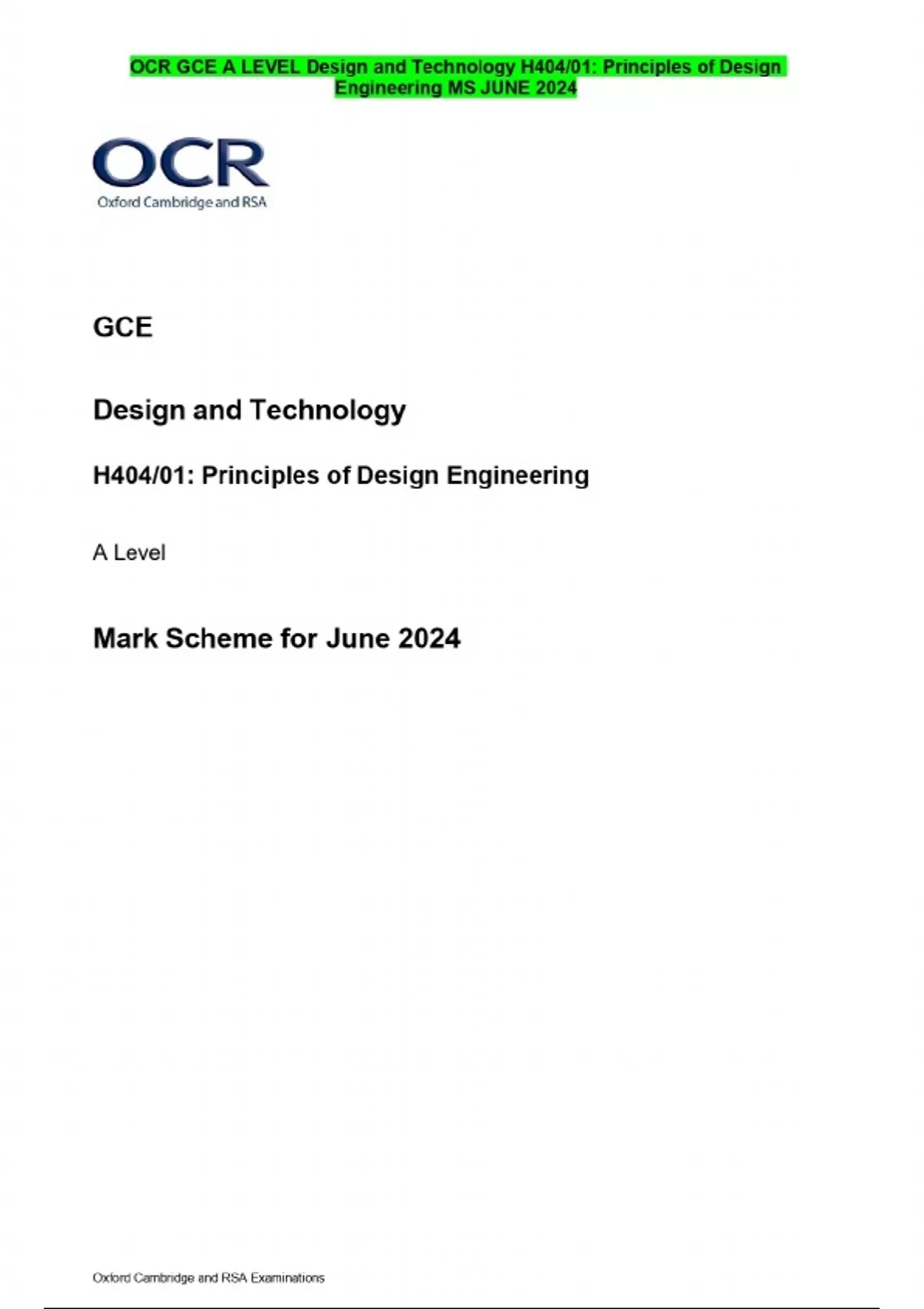 OCR GCE A LEVEL Design and Technology H404/01: Principles of Design Engineering MS JUNE 2024 ...