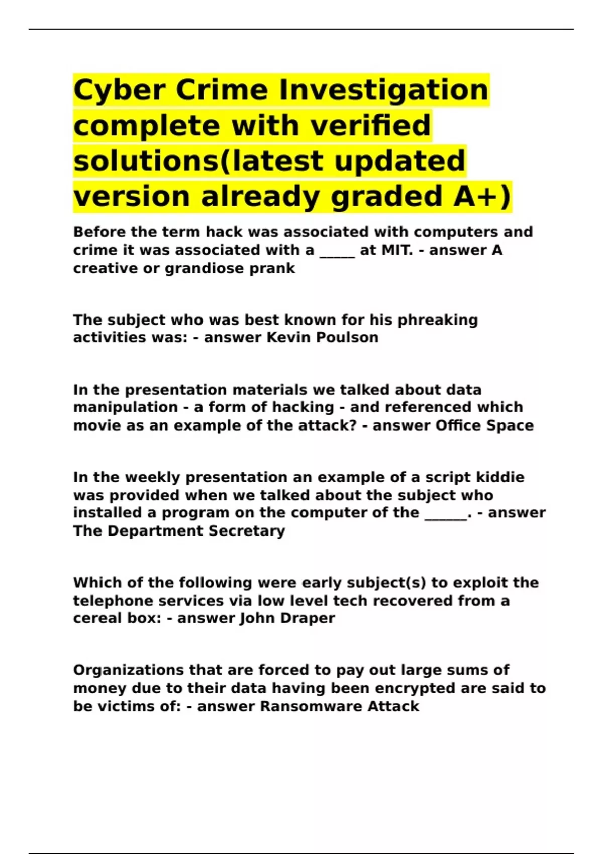 Cyber Crime Investigation complete with verified solutions(latest ...
