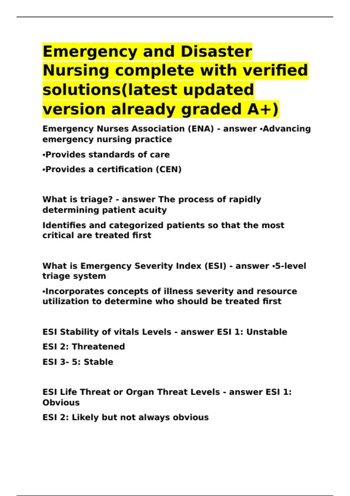 Emergency and Disaster Nursing complete with verified solutions(latest ...