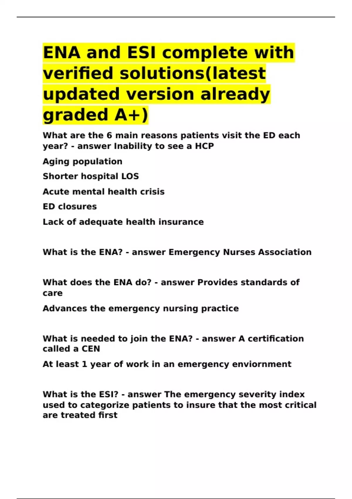 ENA and ESI complete with verified solutions(latest updated version ...