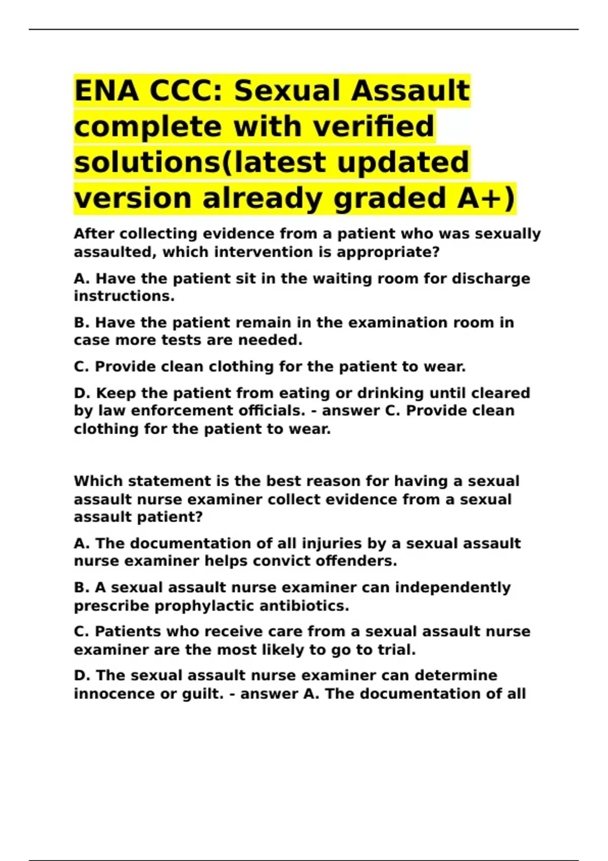 ENA CCC Sexual Assault complete with verified solutions(latest updated ...