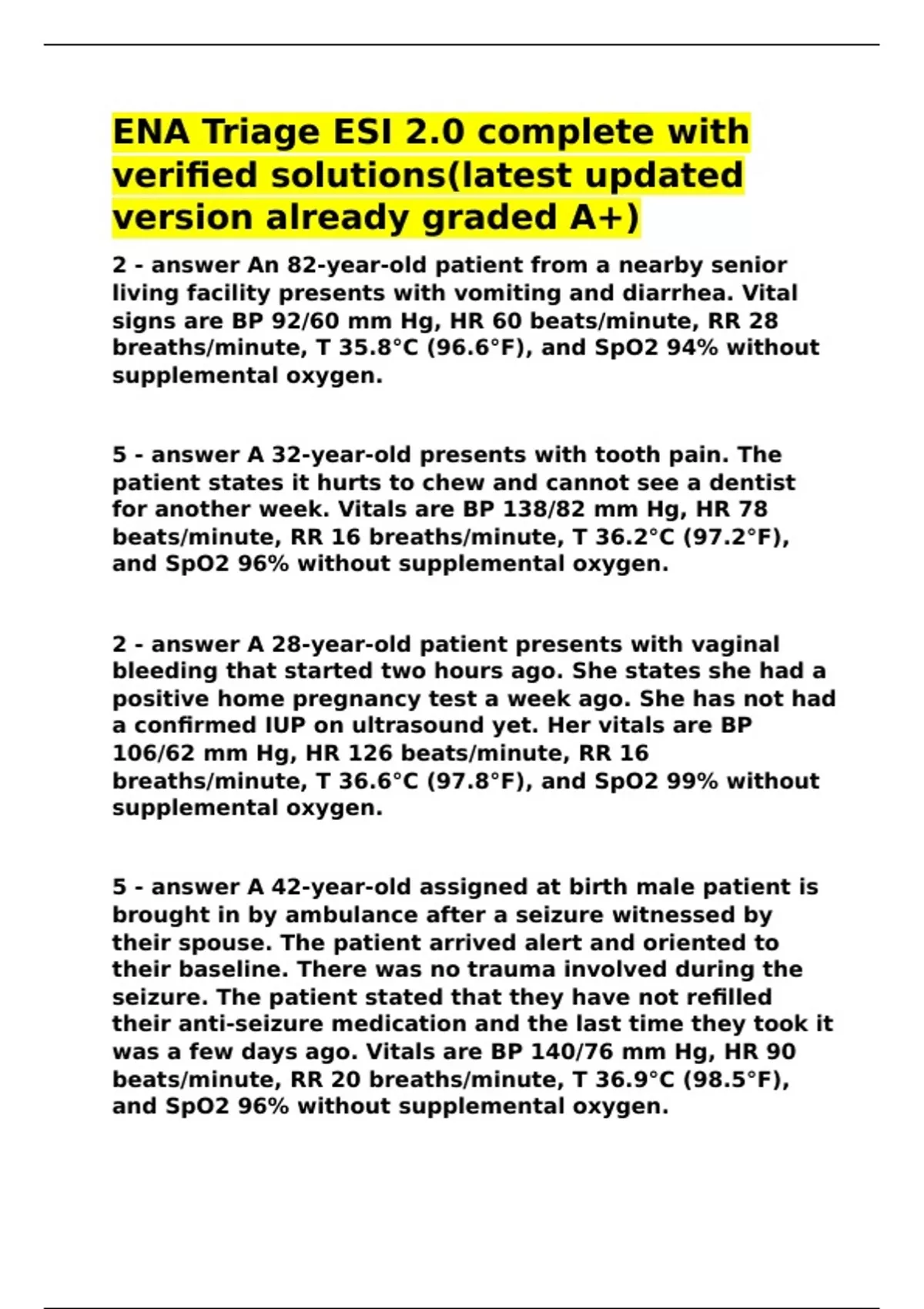 ENA Triage ESI 2.0 complete with verified solutions(latest updated ...