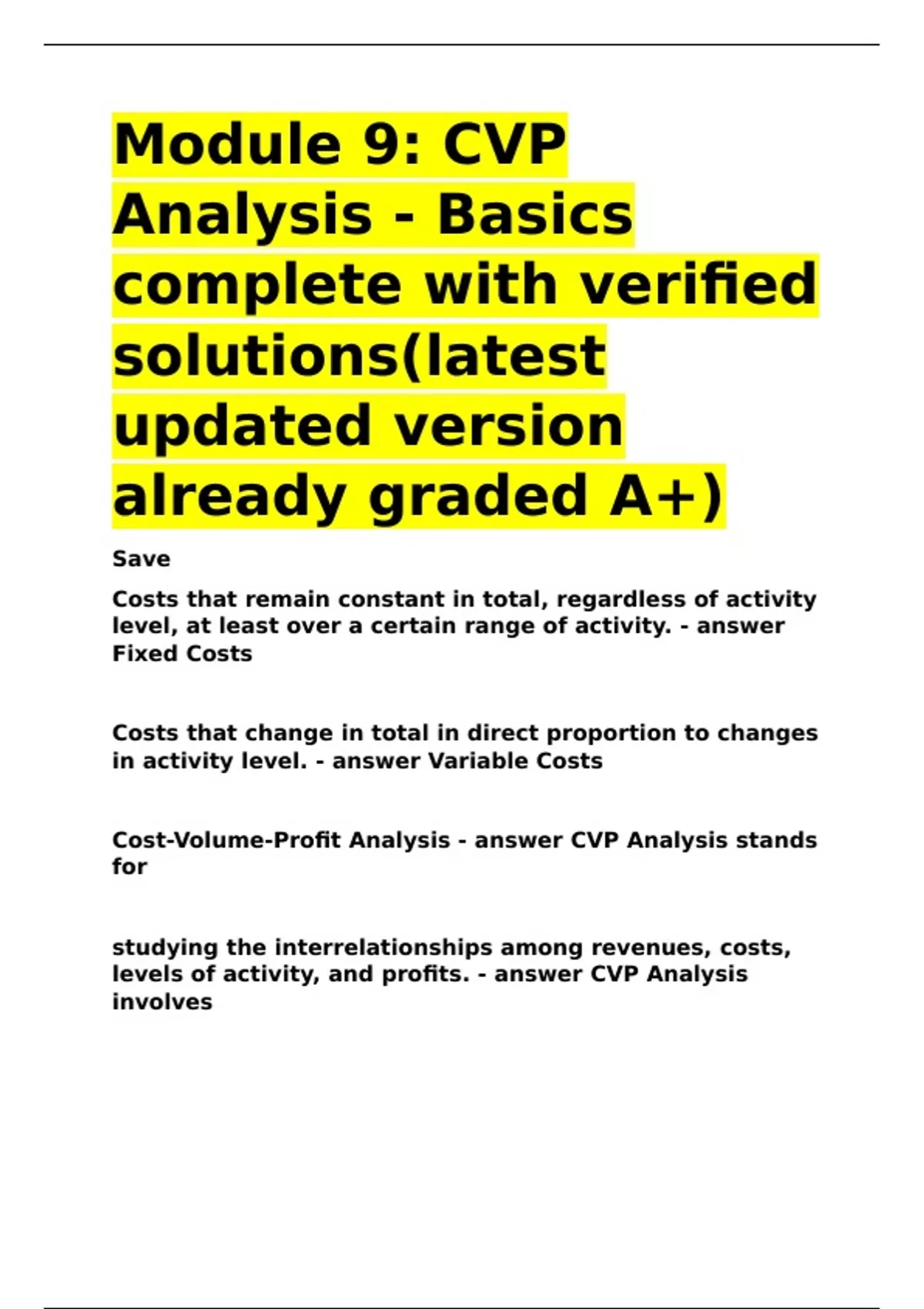 Module 9 CVP Analysis - Basics complete with verified solutions(latest ...