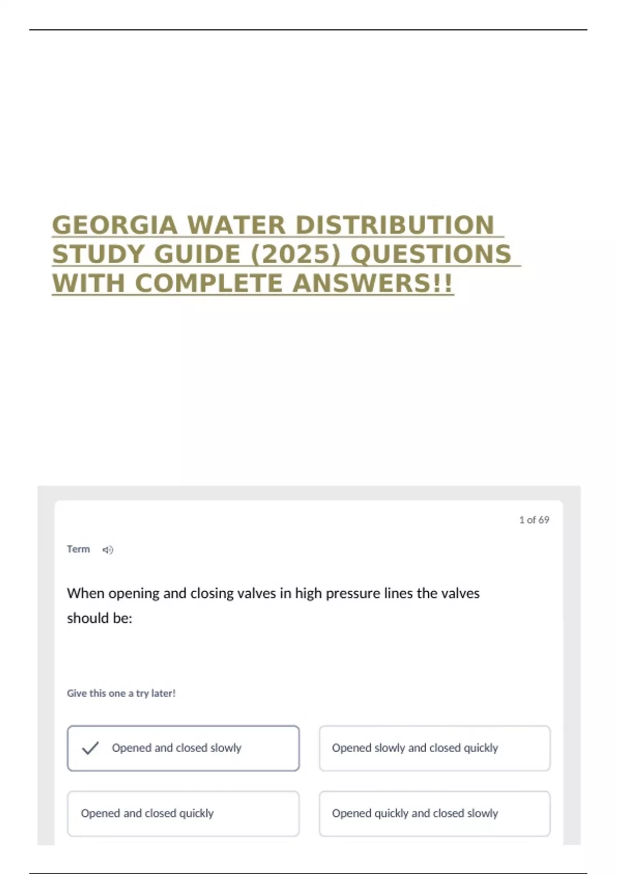 GEORGIA WATER DISTRIBUTION STUDY GUIDE (2025) QUESTIONS WITH COMPLETE ...