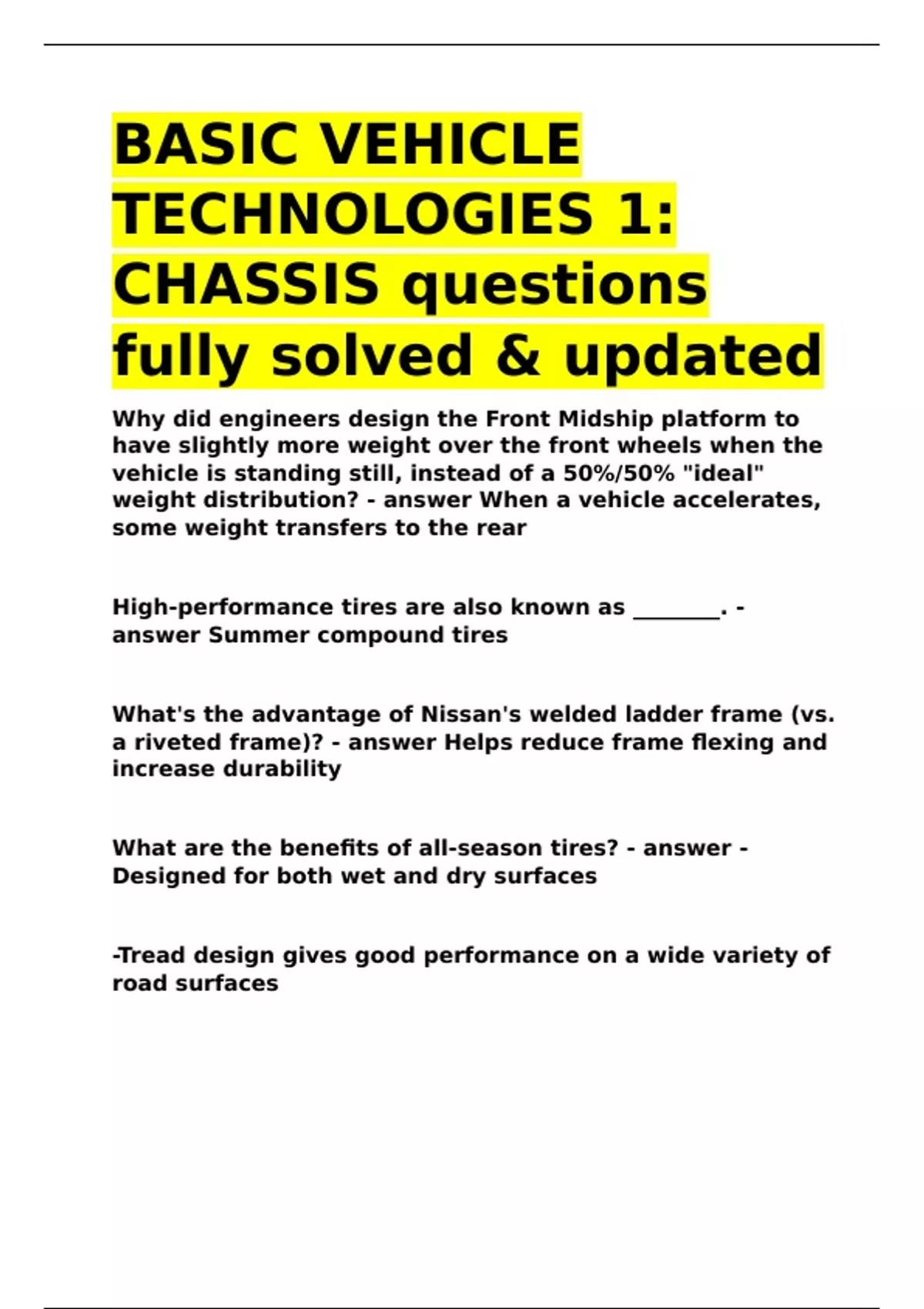 BASIC VEHICLE TECHNOLOGIES 1CHASSIS questions fully solved & updated ...