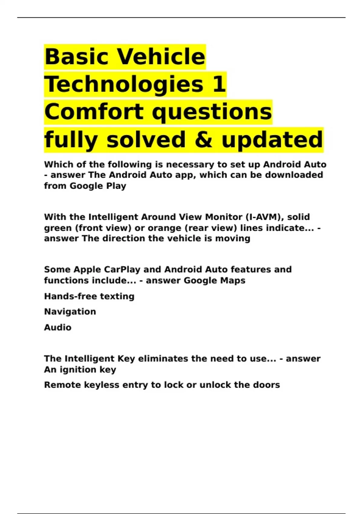 Basic Vehicle Technologies 1 Comfort questions fully solved & updated ...