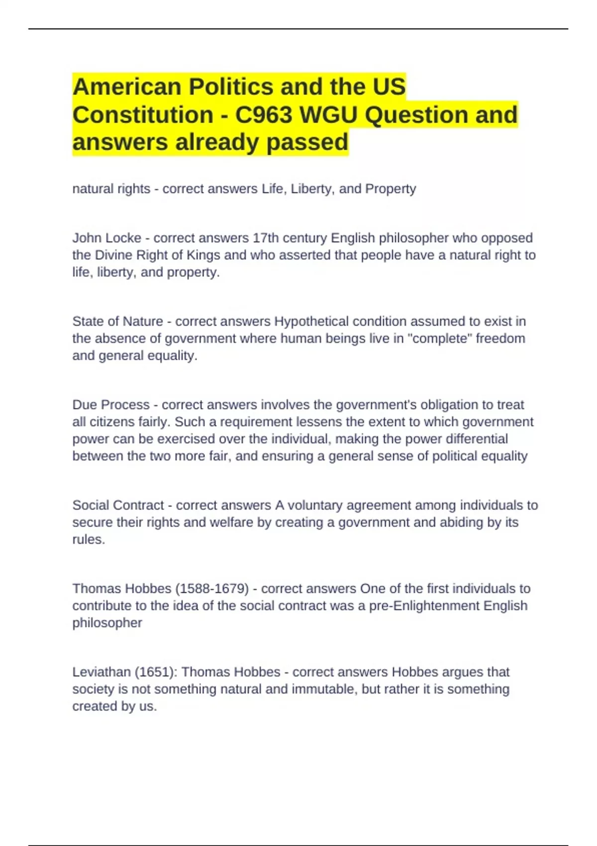 American Politics and the US Constitution - C963 WGU Question and ...