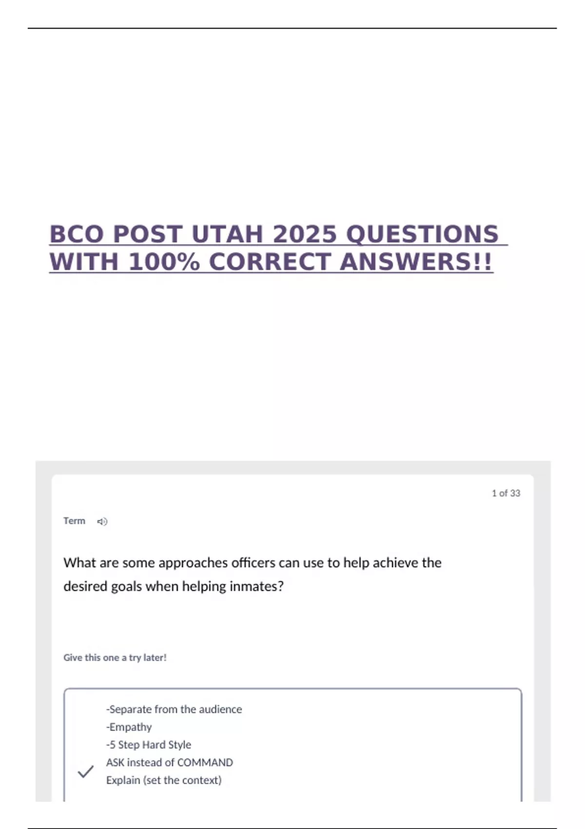 BCO POST UTAH 2025 QUESTIONS WITH 100% CORRECT ANSWERS!! - UTAH BCO ...