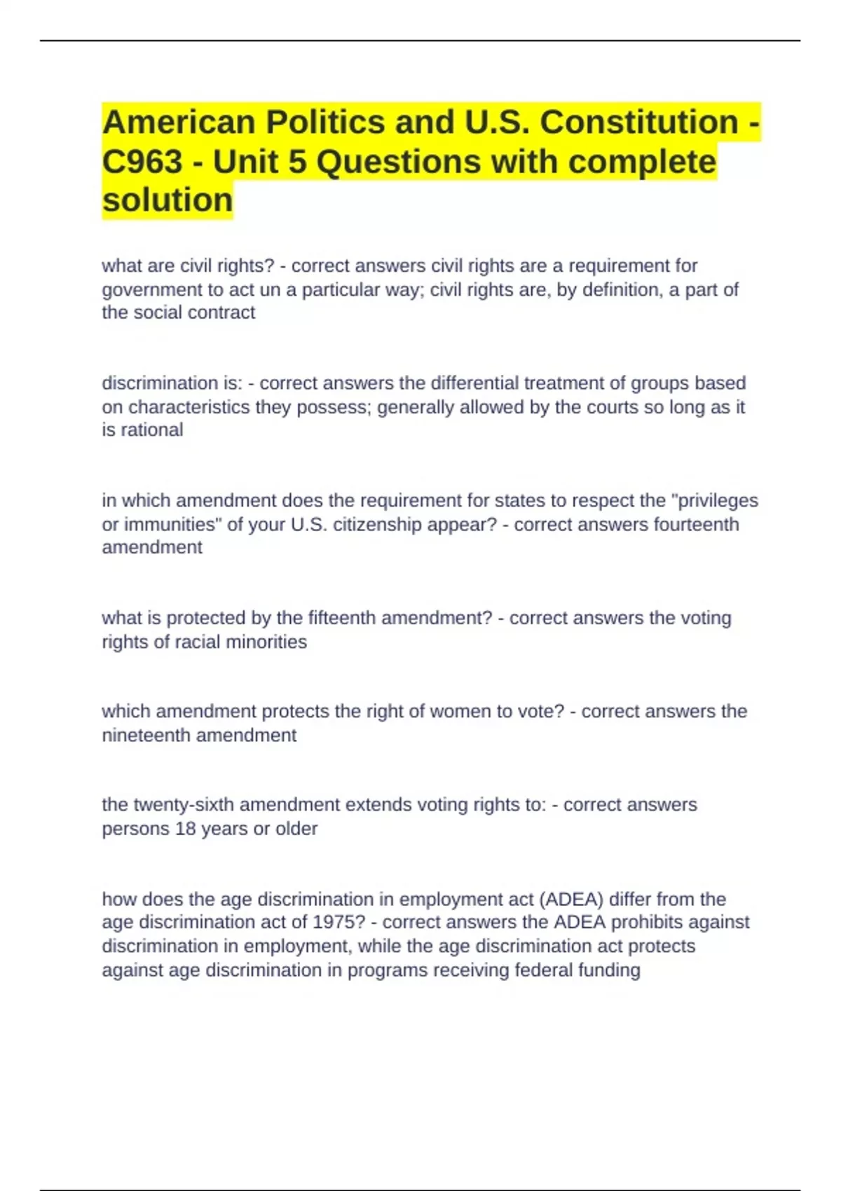 American Politics and U.S. Constitution - C963 - Unit 5 Questions with ...