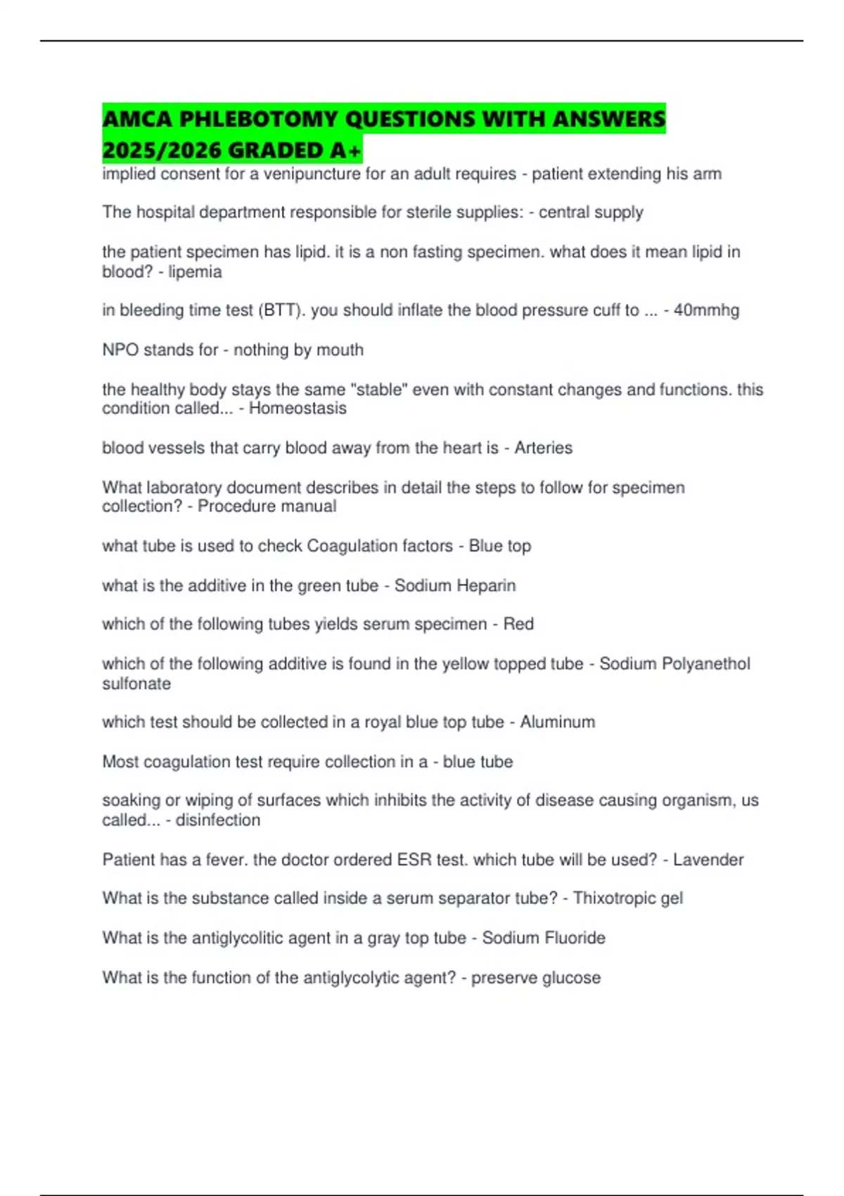 AMCA PHLEBOTOMY QUESTIONS WITH ANSWERS 2025/2026 GRADED A+ - AMCA ...